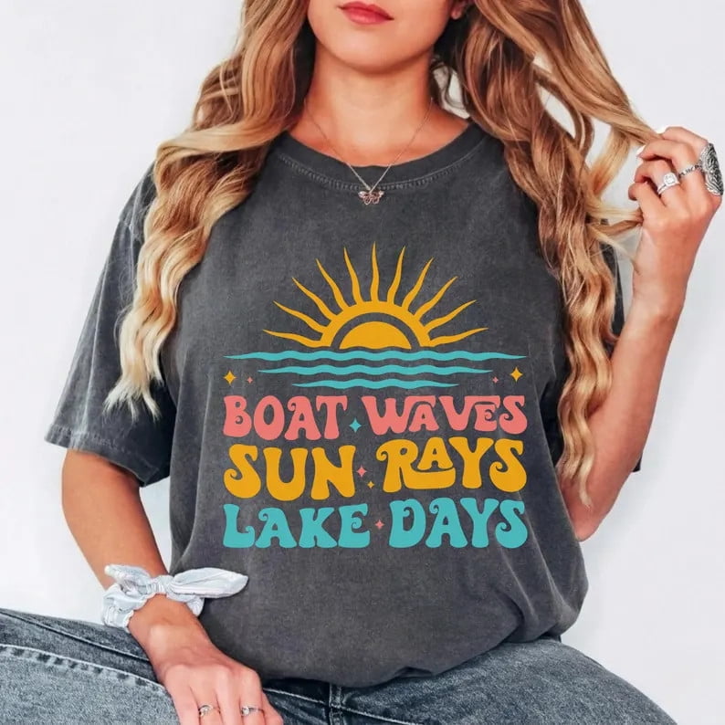 Boat Waves Sun Rays Lake Summer Vacation T-Shirt - Walmart.com