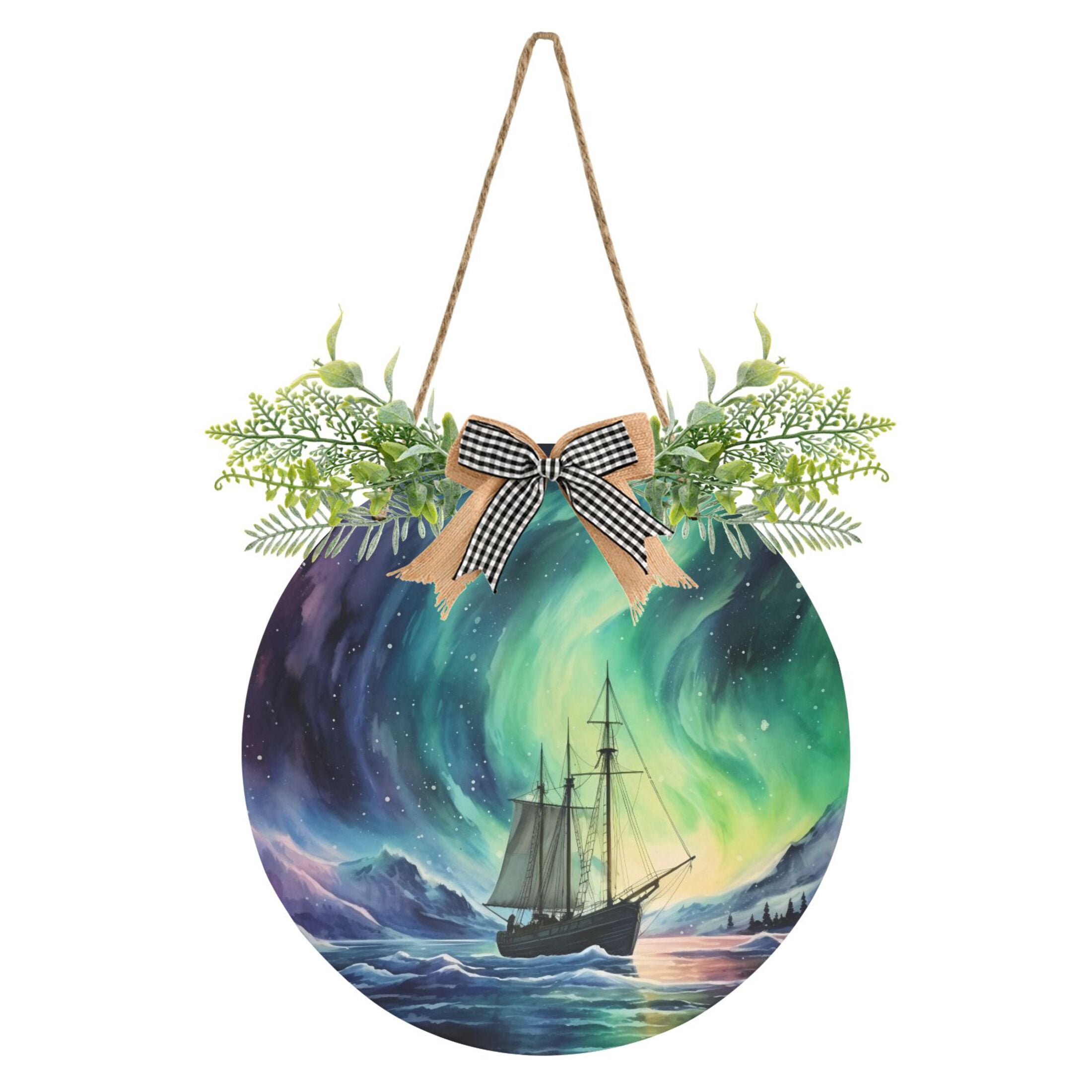 Boat and Aurora Welcome Front Door Sign Round 12 inch Porch Hanging ...