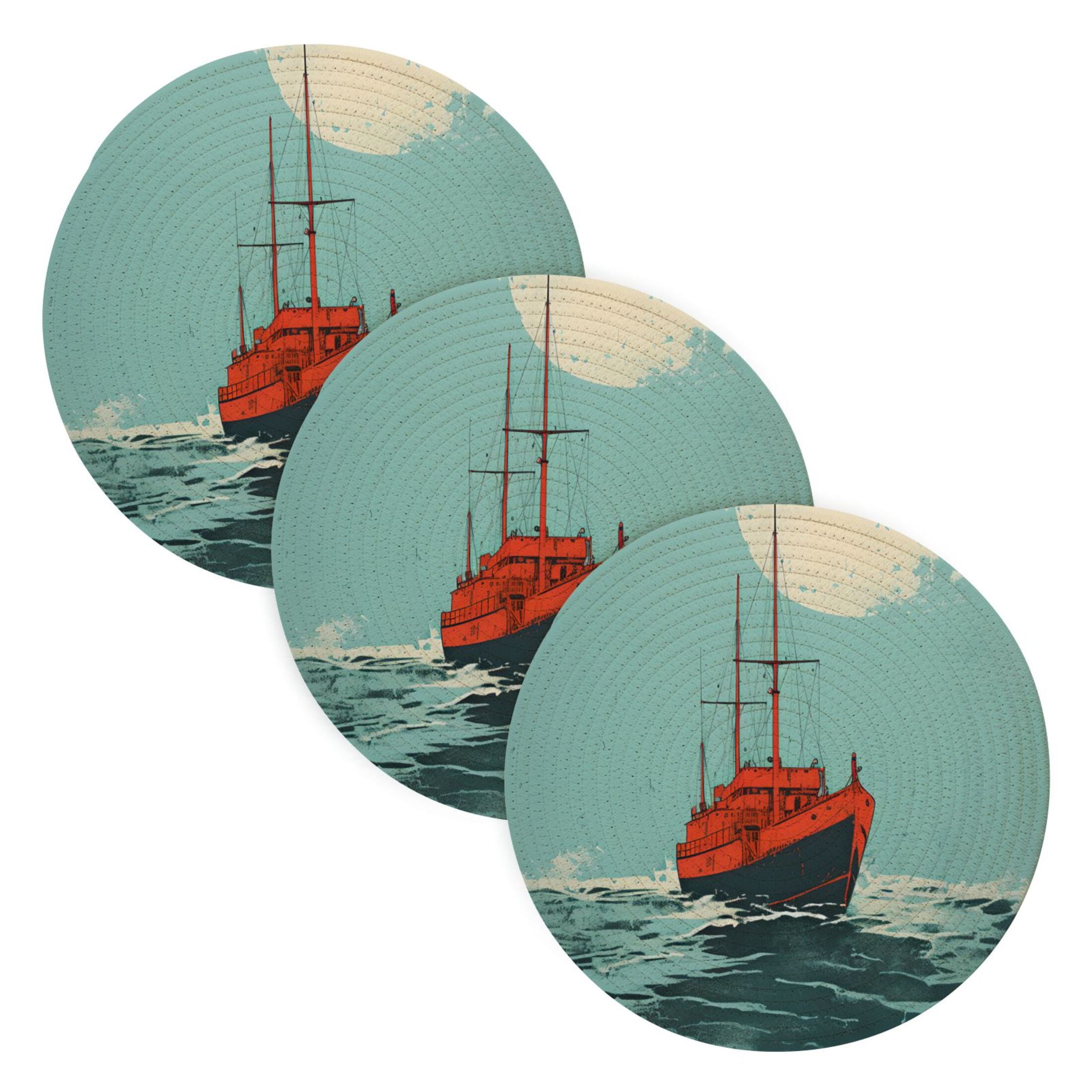 Boat on Sea 3 Pcs Pot Holders Trivets Set Woven Heat-Resistant Kitchen ...