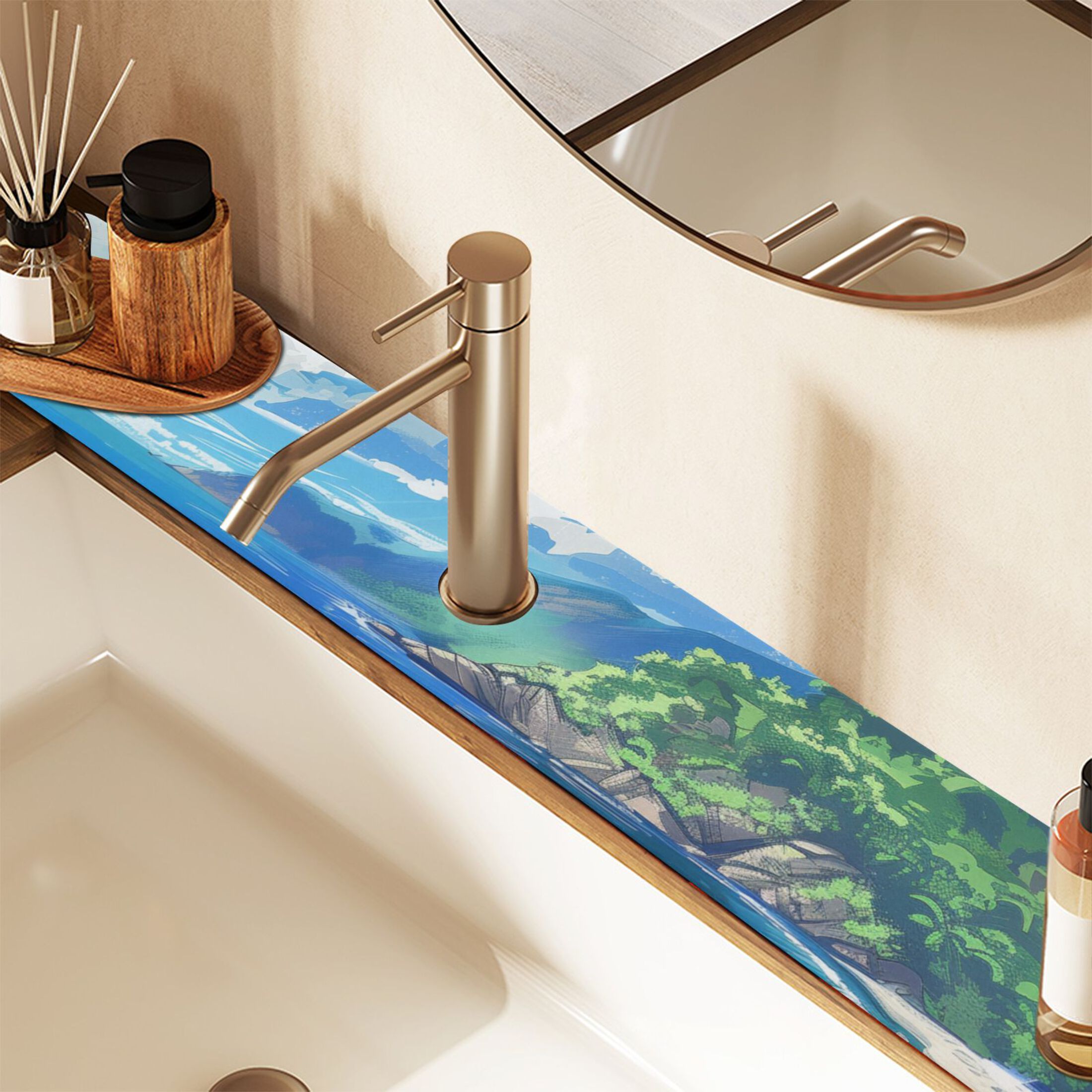 Boat on Sea and Beach Sink Splash Guard Faucet Drying Mat 30"x5.4 ...