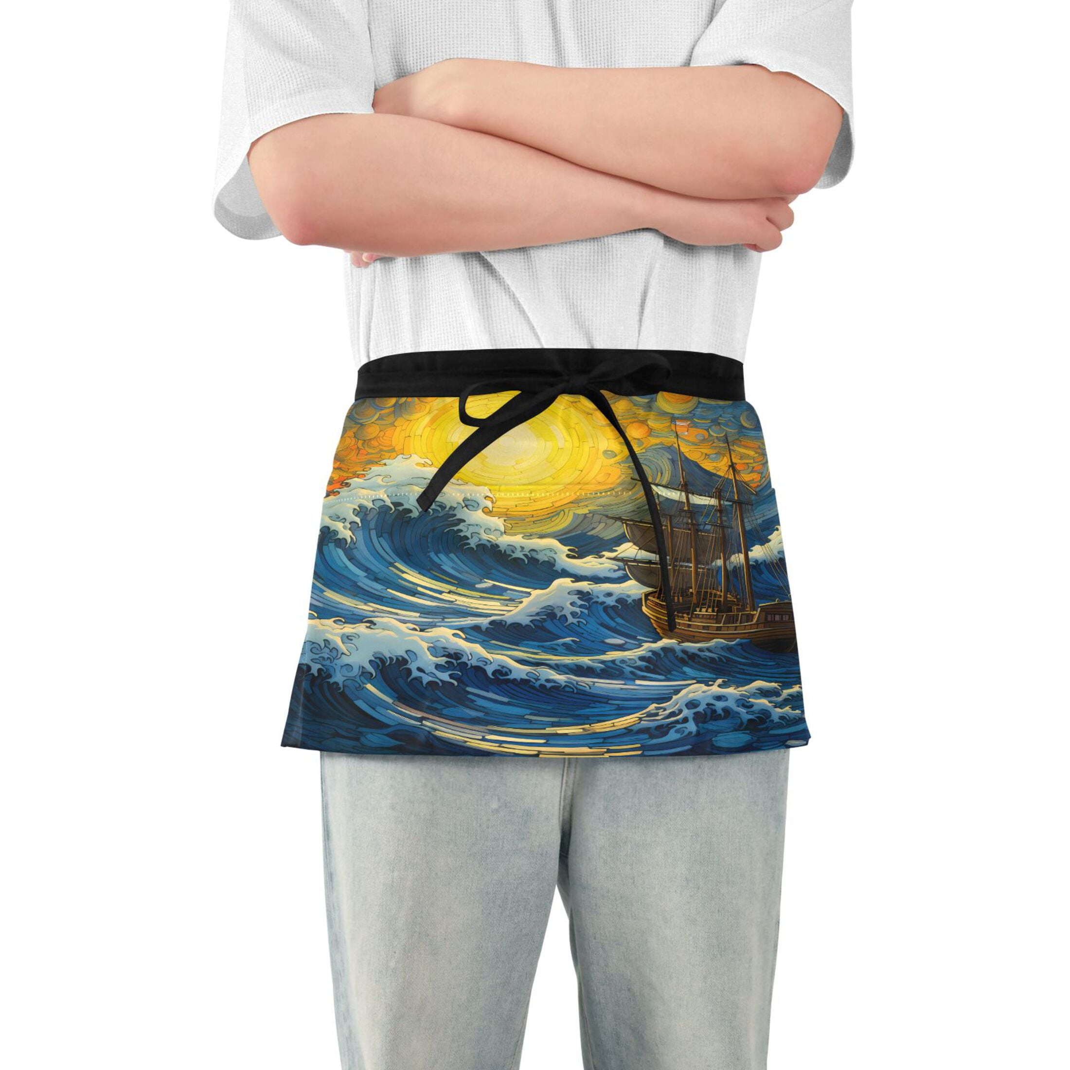 Boat on Wave and Sun Server Apron with 3 Pockets Waterproof Waitress ...