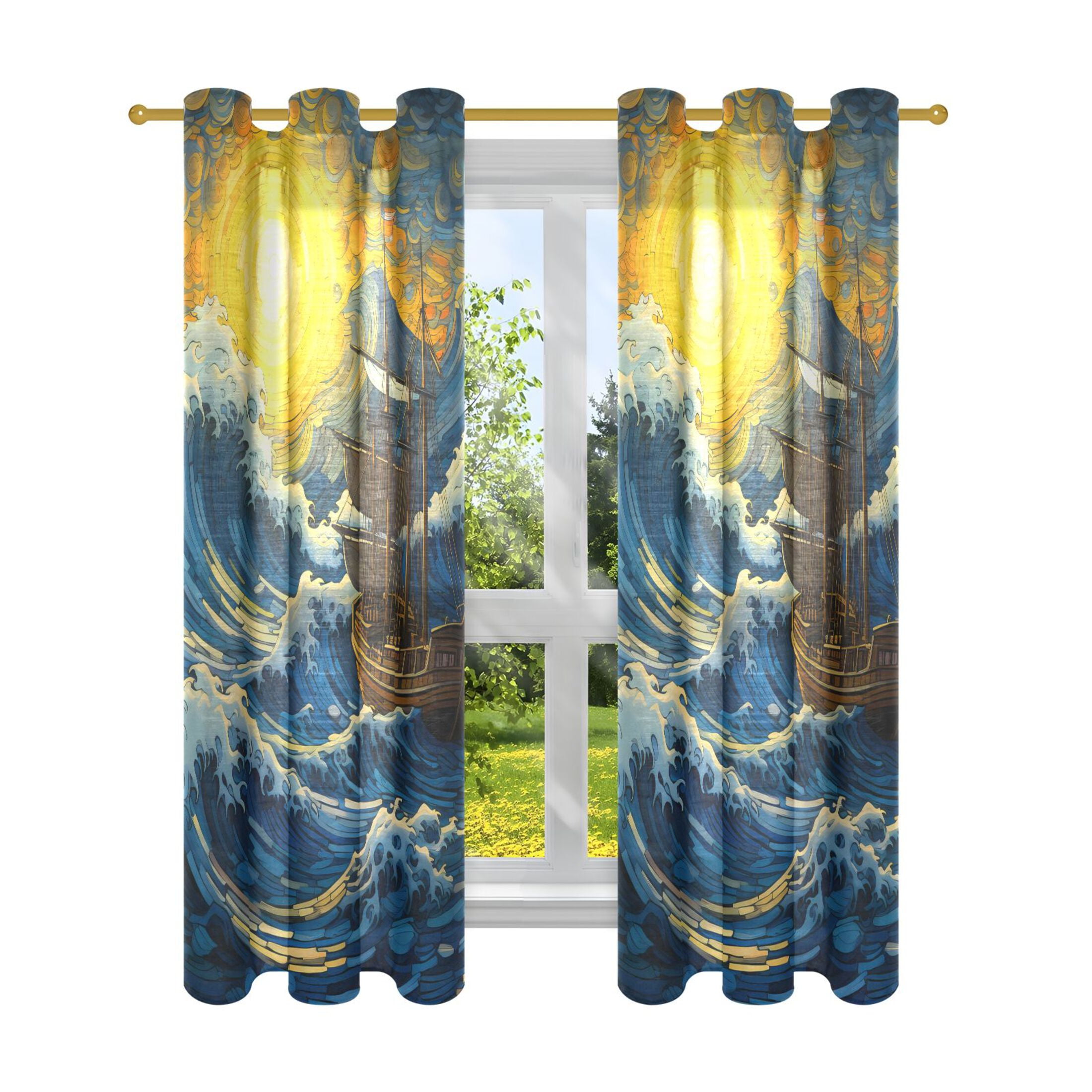 Boat on Wave and Sun Sheer Curtains 2 Panels Set Grommet Drapes for ...