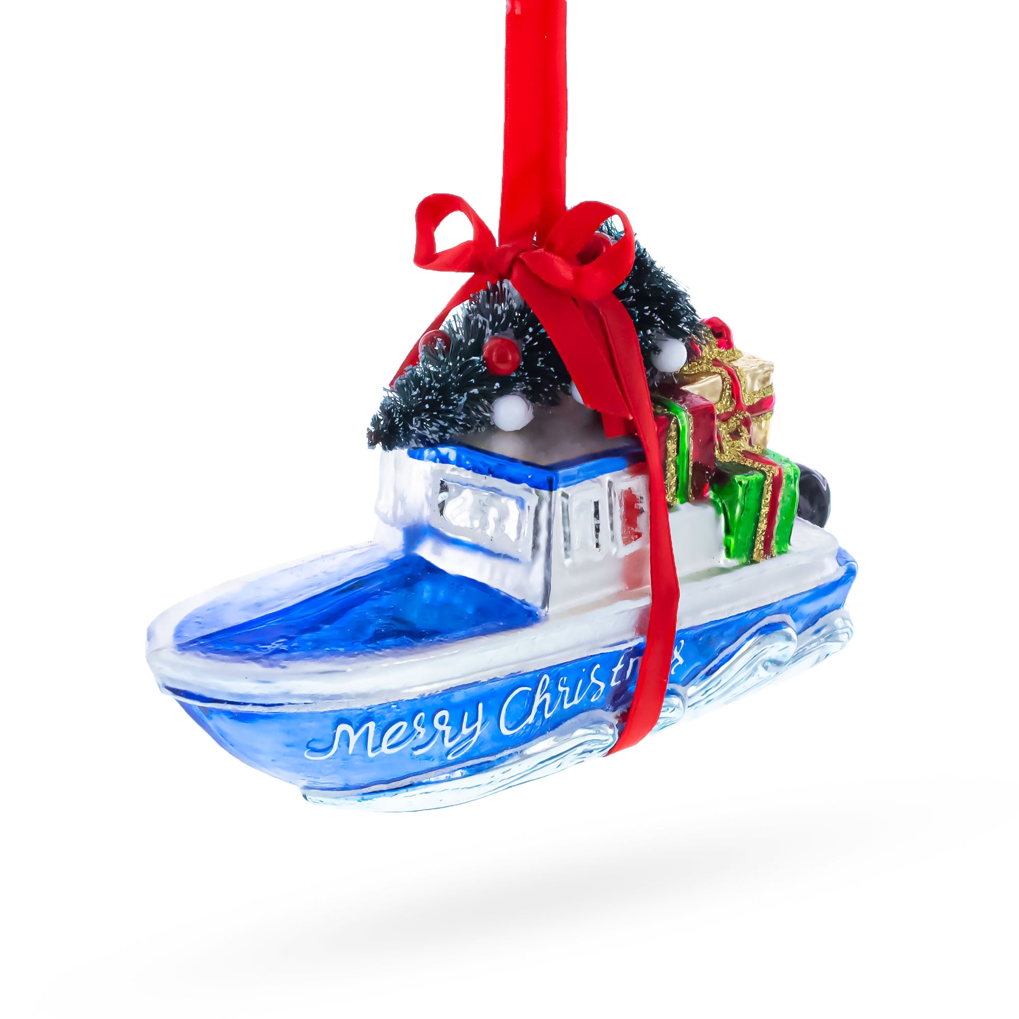 Boat with Tree and Present Glass Christmas Ornament - Walmart.com