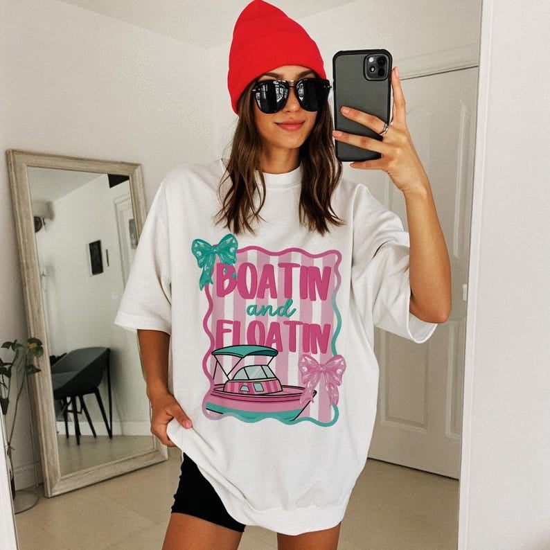 Boatin’ and Floatin’ Shirt, Coquette Summer Boat Girl Tee with Pink Bow ...