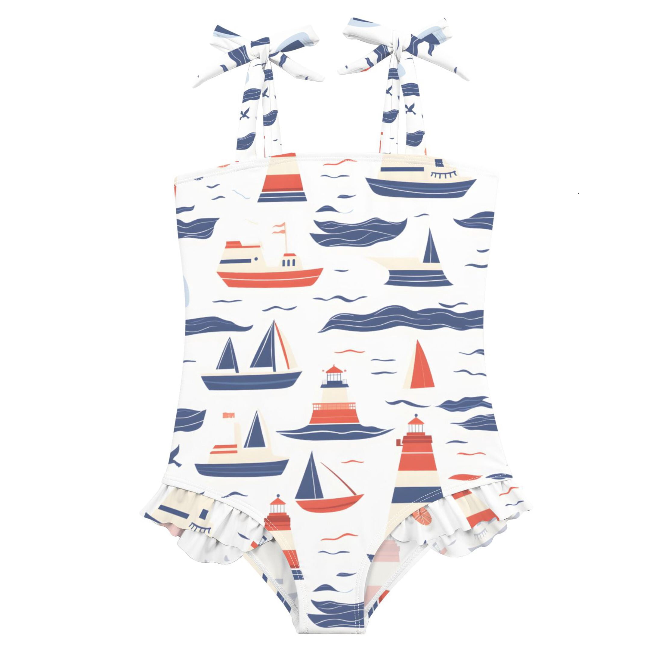 Boats Pattern Girls' One-Piece Swimsuit Bowknot Tie Shoulder Ruffled ...