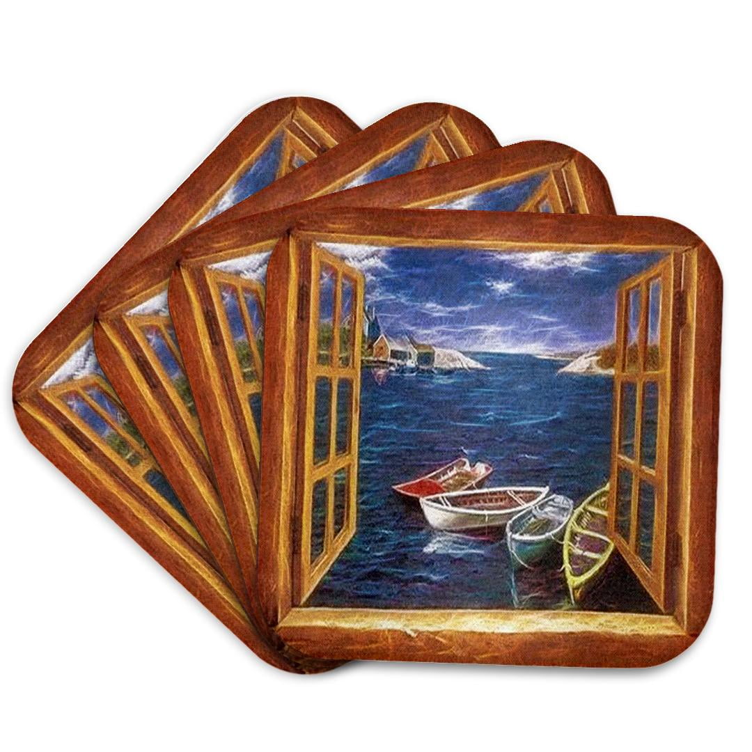 3drose, Boats Through Window Sill Frame with Houses, Set of 4 Coasters ...