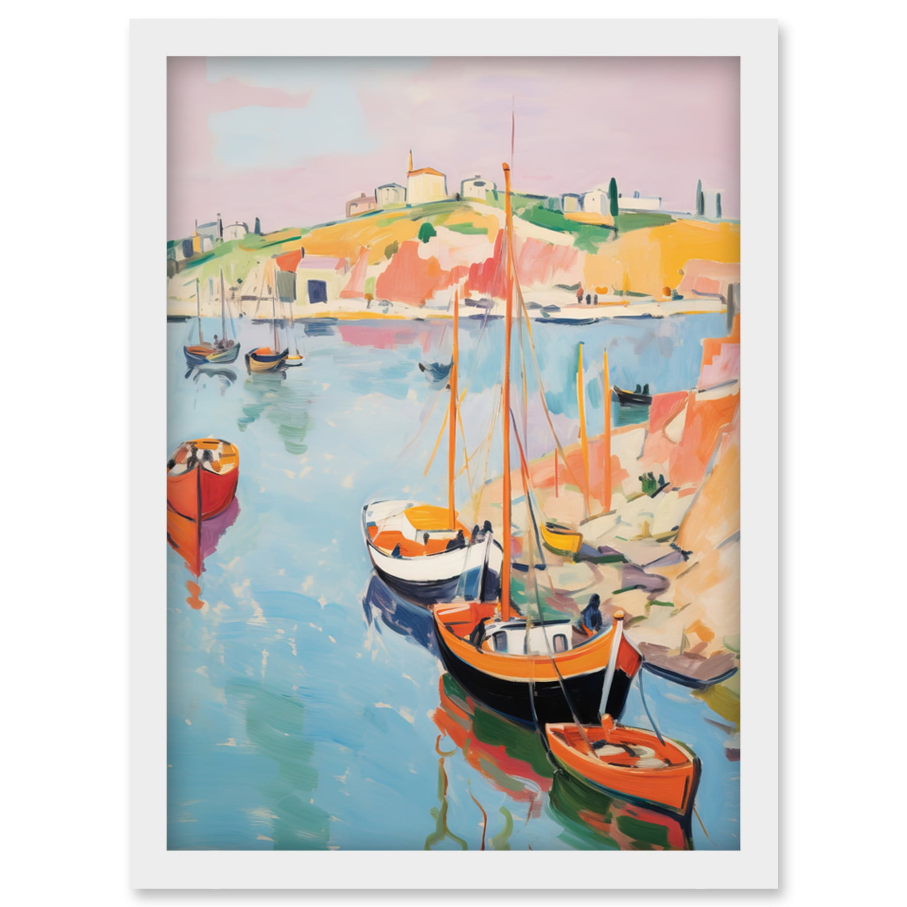 Boats in Harbour Fishing Village Coastal Landscape Colourful Abstract ...