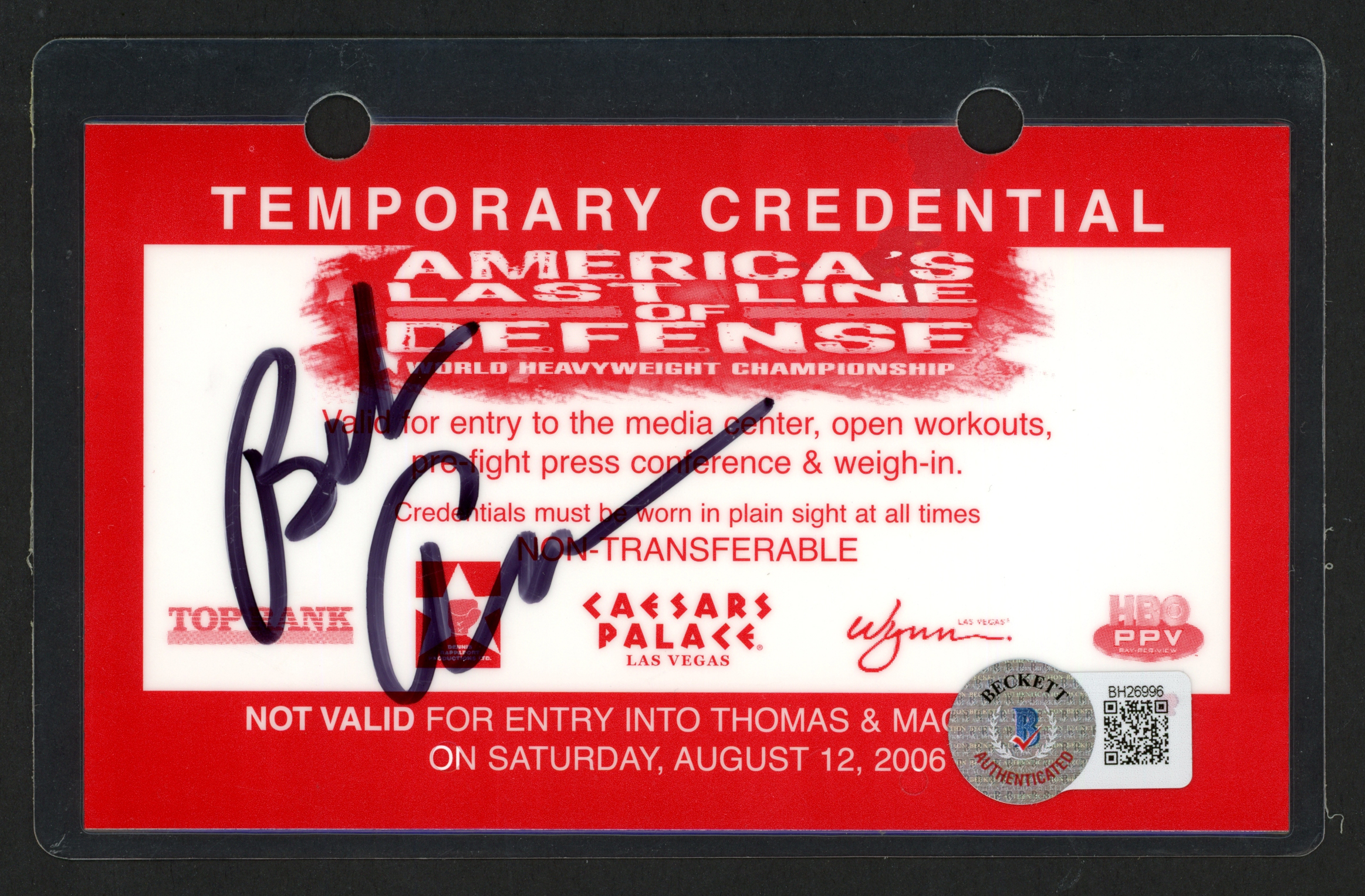 Bob Arum Autographed Credentials Pass Promoter (Laminated) Beckett BAS ...