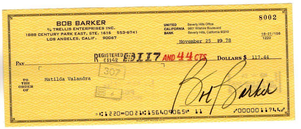 Bob Barker Signed Autographed Bank Check The Price is Right 1978 JSA ...