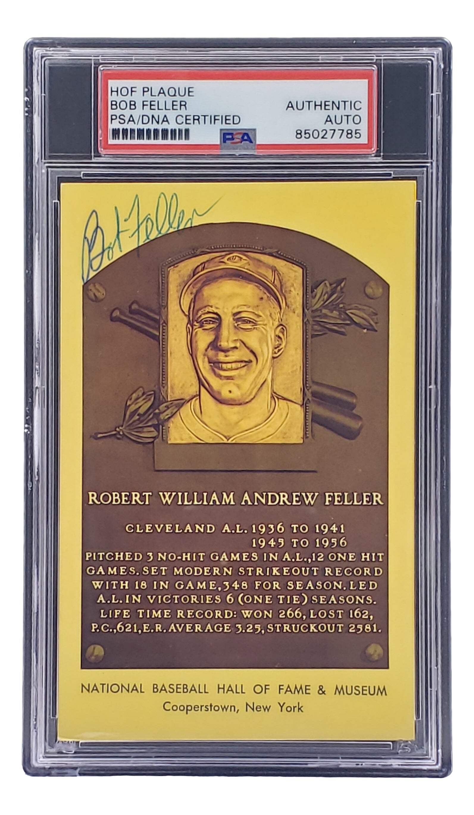 Bob Feller Signed 4x6 Cleveland Hall Of Fame Plaque Card PSA/DNA ...