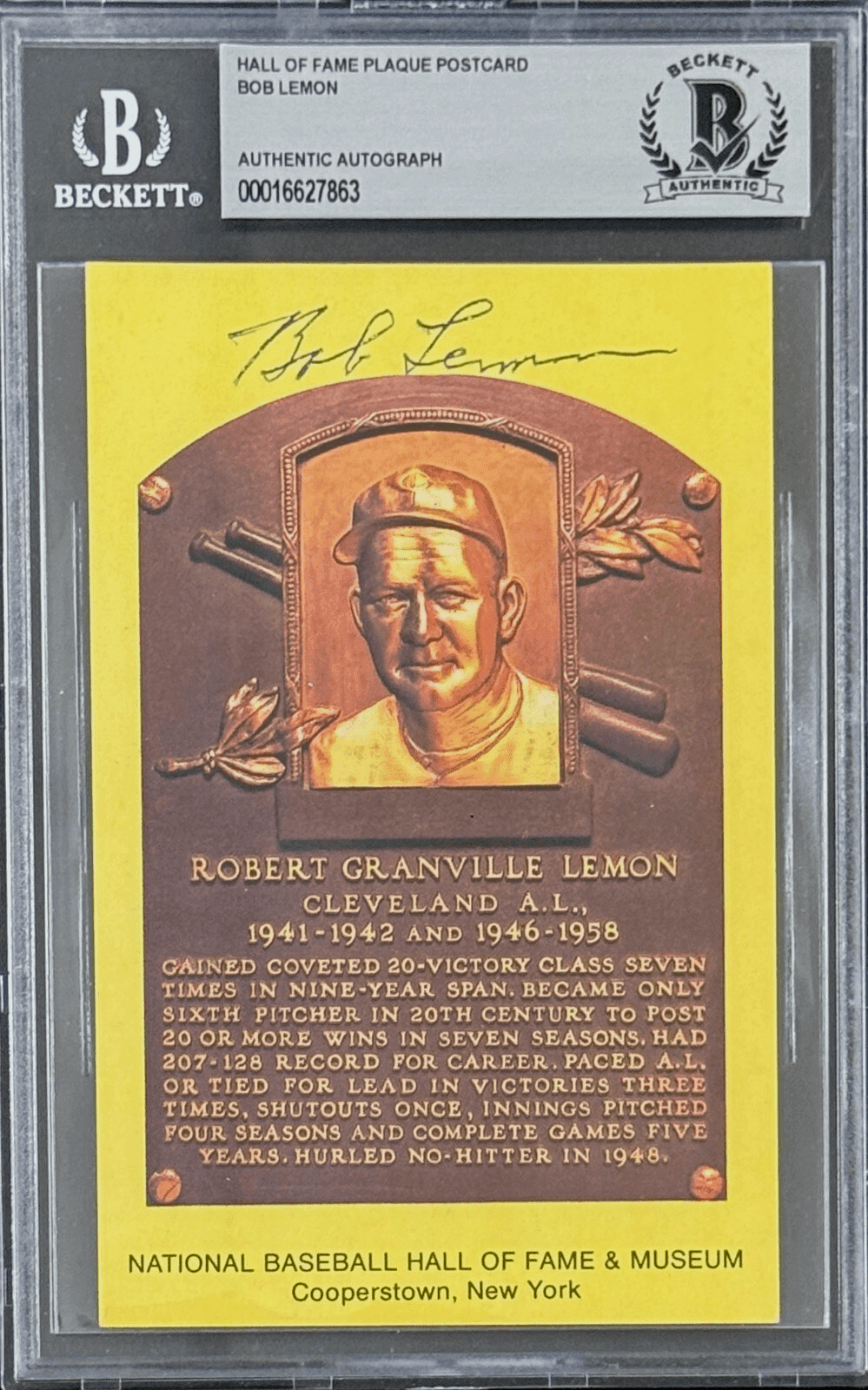 Bob Lemon Signed Autographed Hall of Fame Plaque Postcard Beckett ...