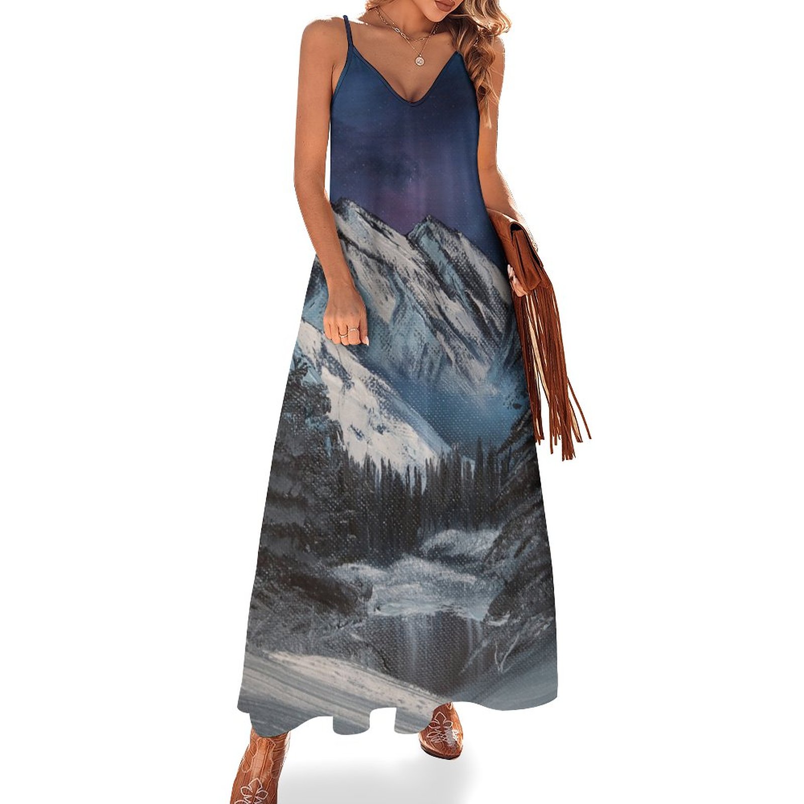 Bob Ross inspired night landscape painting Sleeveless Dress Women's ...
