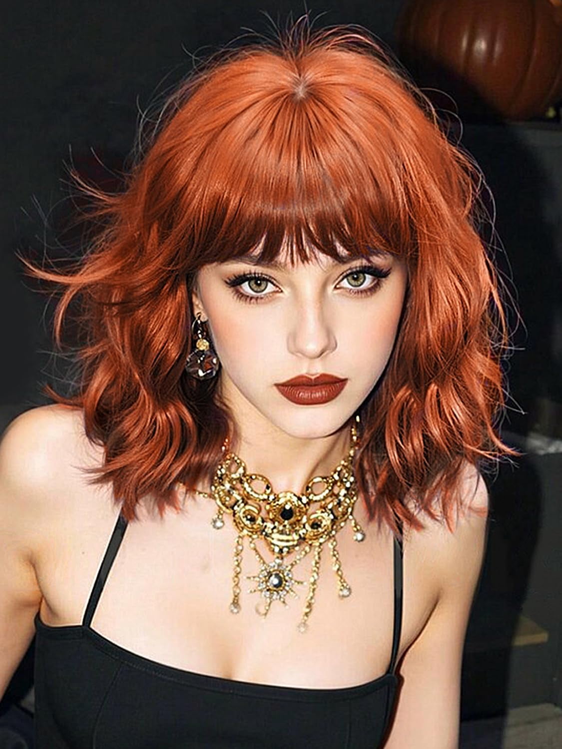 Bob Wavy Wigs for Women Reddish Caramel Brown Short Curly Hair Wig with ...