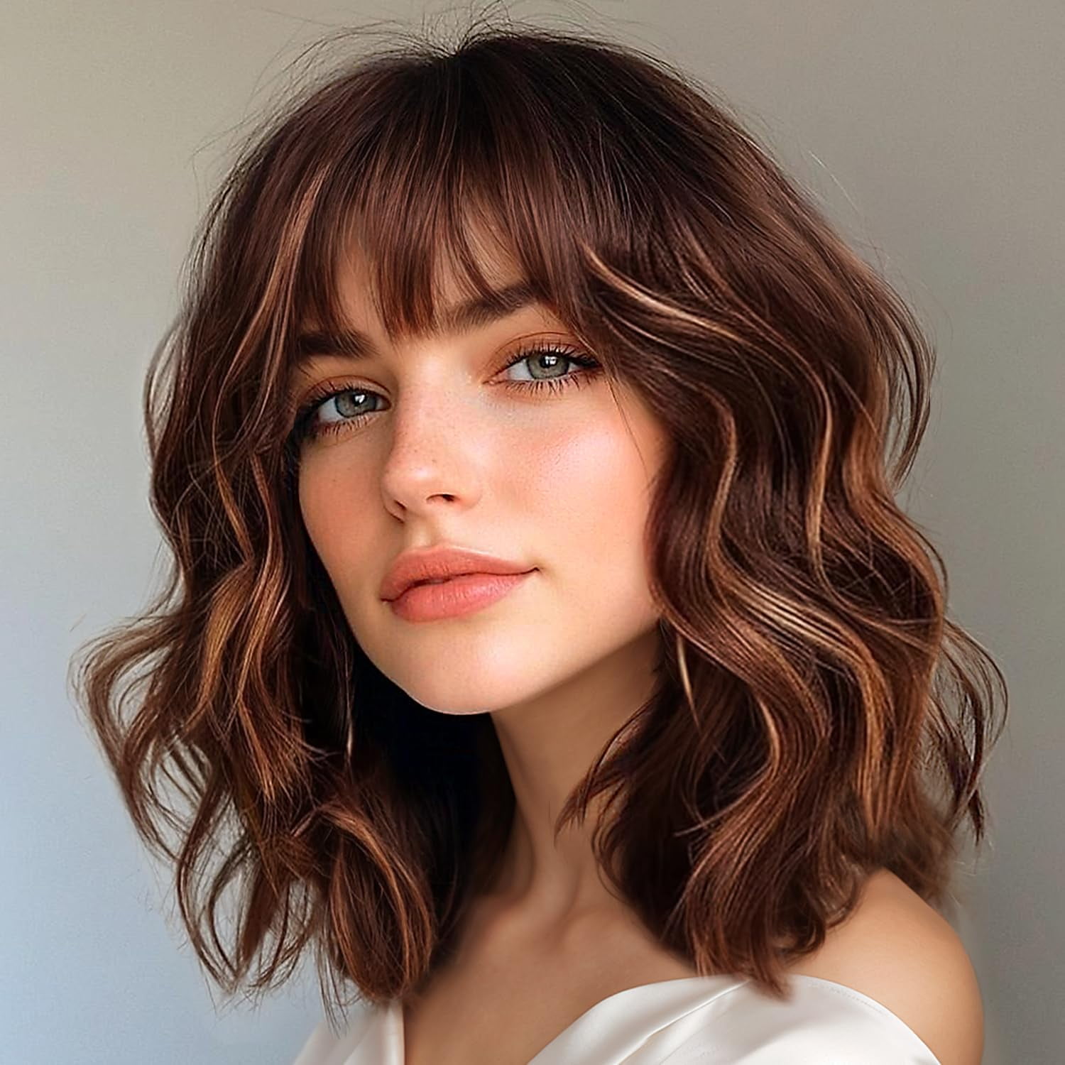 Bob Wavy Wigs for Women Reddish Caramel Brown Short Curly Hair Wig with ...