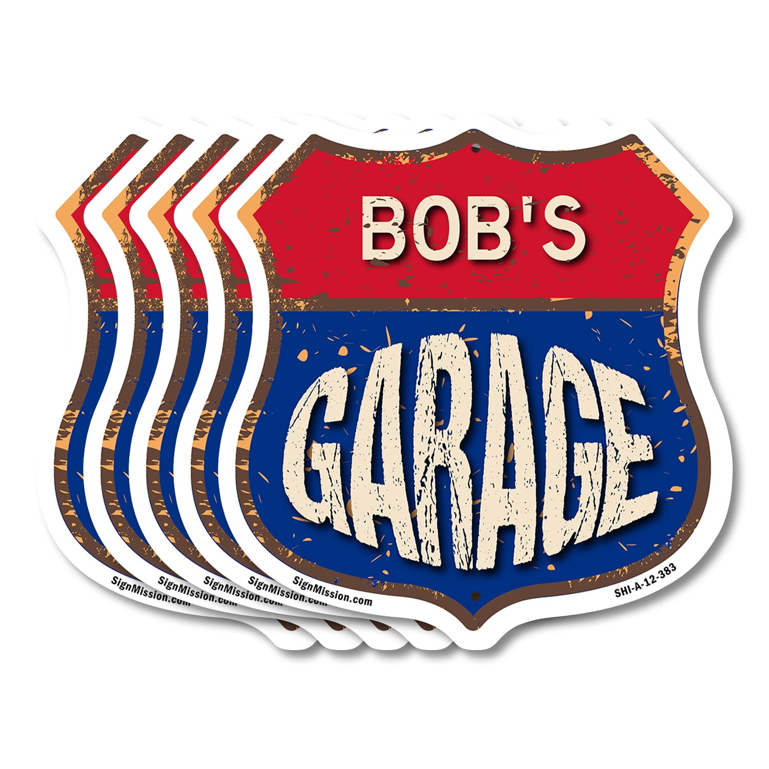 Bob's Garage (5 Pack) 12 inch X 12 inch Shield-Shaped Rust-Free Aluminum Metal Signs Weather ...