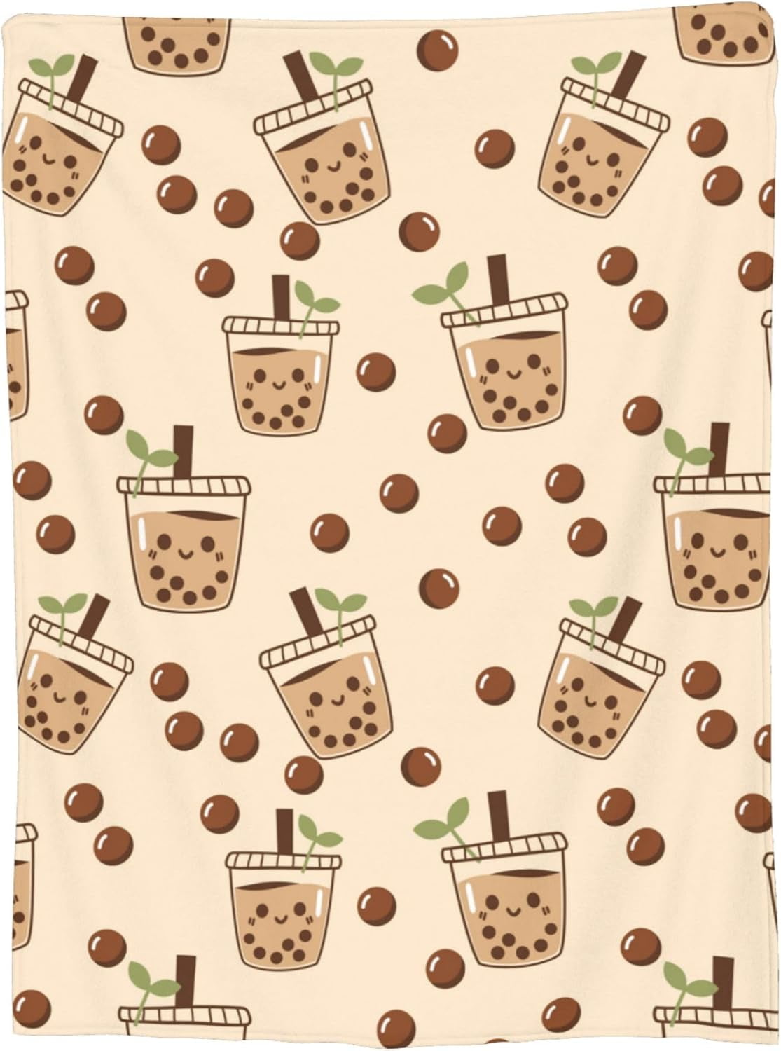 for Boba Bubble Tea Blanket Kawaii Cup Cartoon and Green Tea Leaves on ...
