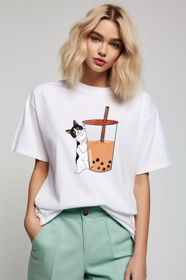 Boba Cat Tea T-Shirt Cute Bubble Tea and Cat Lover Tee for Kawaii Fans ...