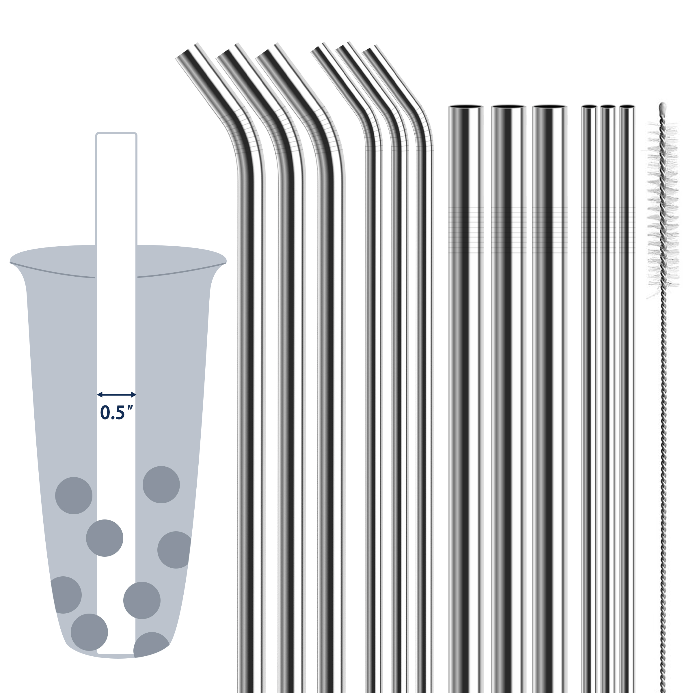 2 BOBA Straw Stainless Steel Extra Wide 1/2" x 9.5" Long Tapioca Pearl ...