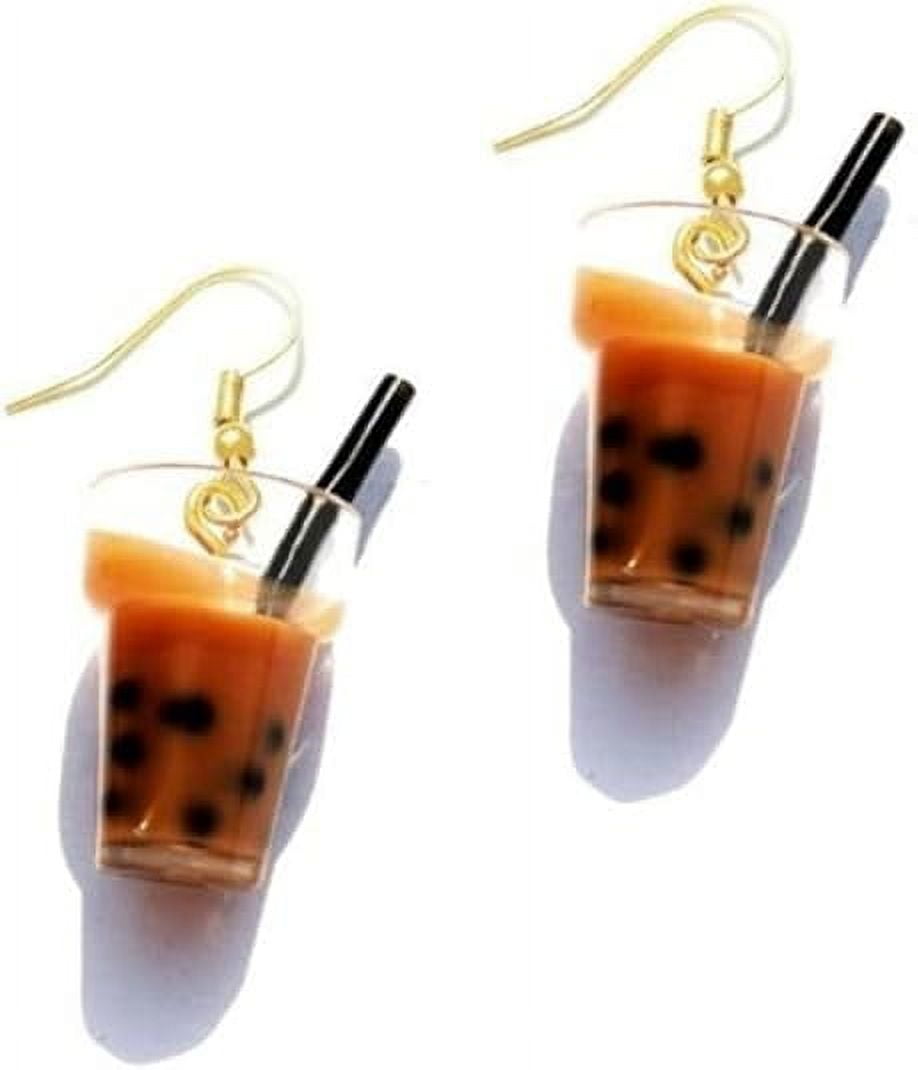 Boba Tea 3D Earring Earrings Drop Gold Milk Tea Drink Desert Fruit ...
