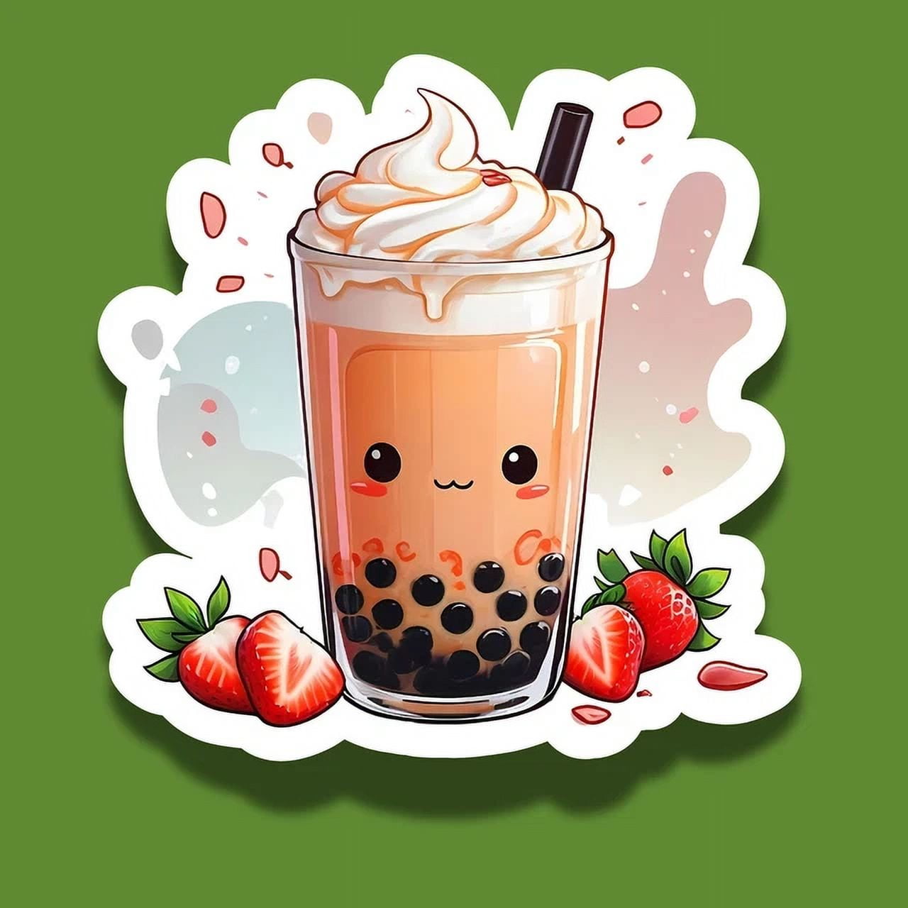 Boba Tea With Strawberries Cute Fun Dessert Sticker Phone Decal Water ...