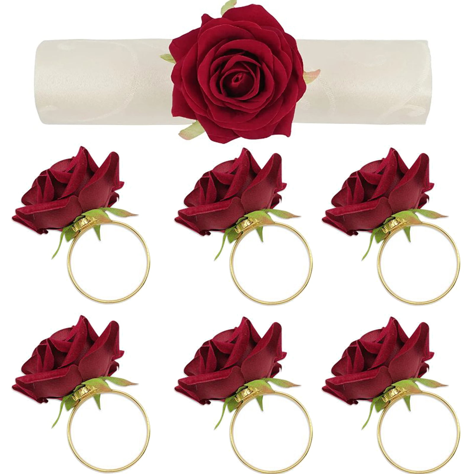 Bobasndm Valentines Day Rose Napkin Rings Set of 6, Artificial Rose ...