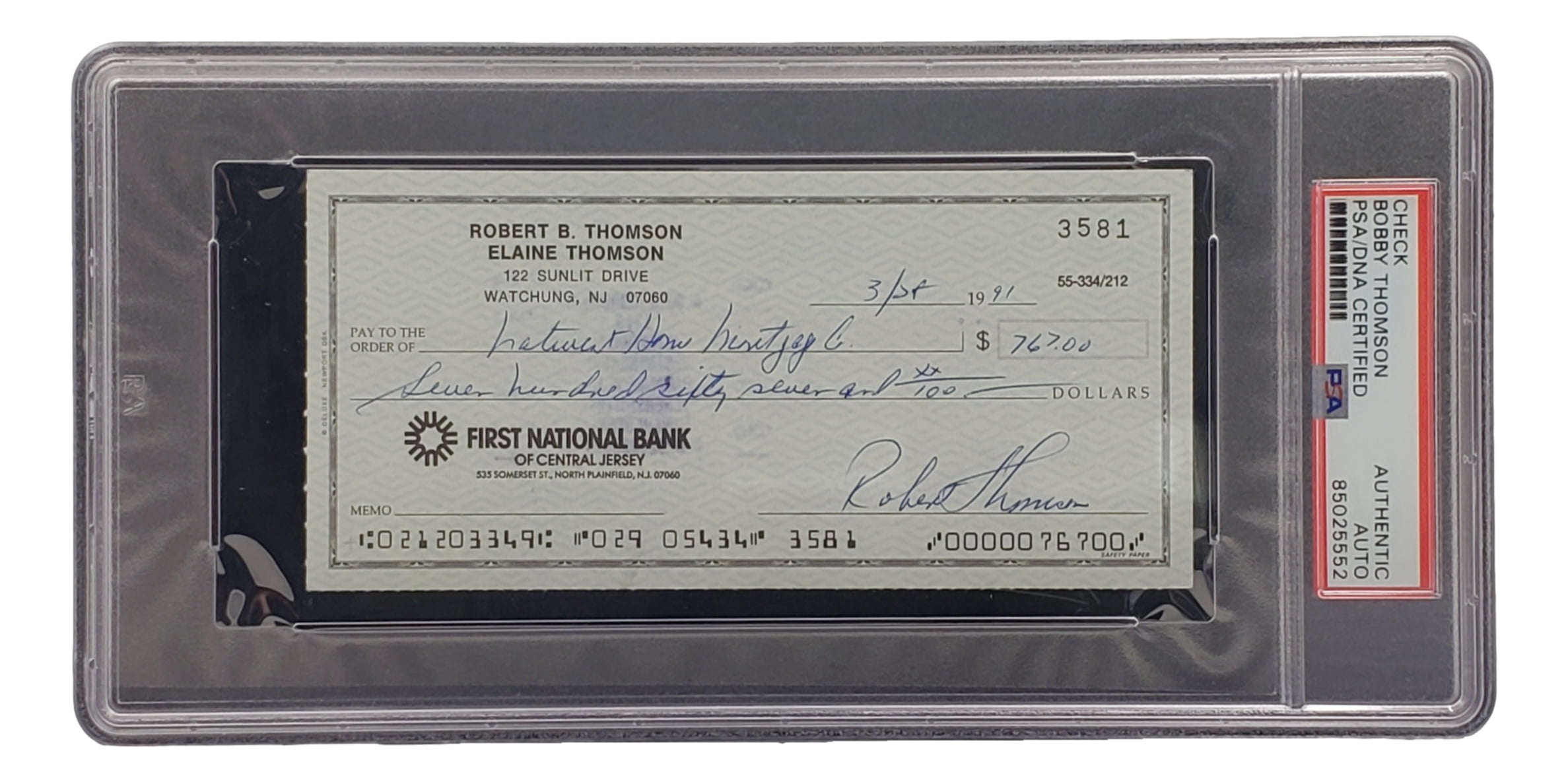 Bobby Thomson New York Giants Signed Bank Check PSA/DNA 85025552 ...