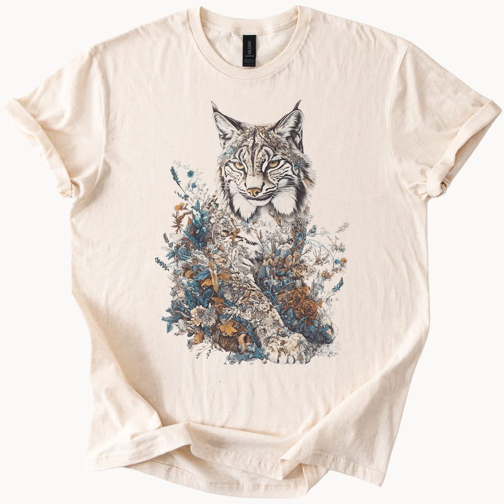 Bobcat Shirt Floral Forest Animal Graphic Tee Wild Lynx Surrounded By ...