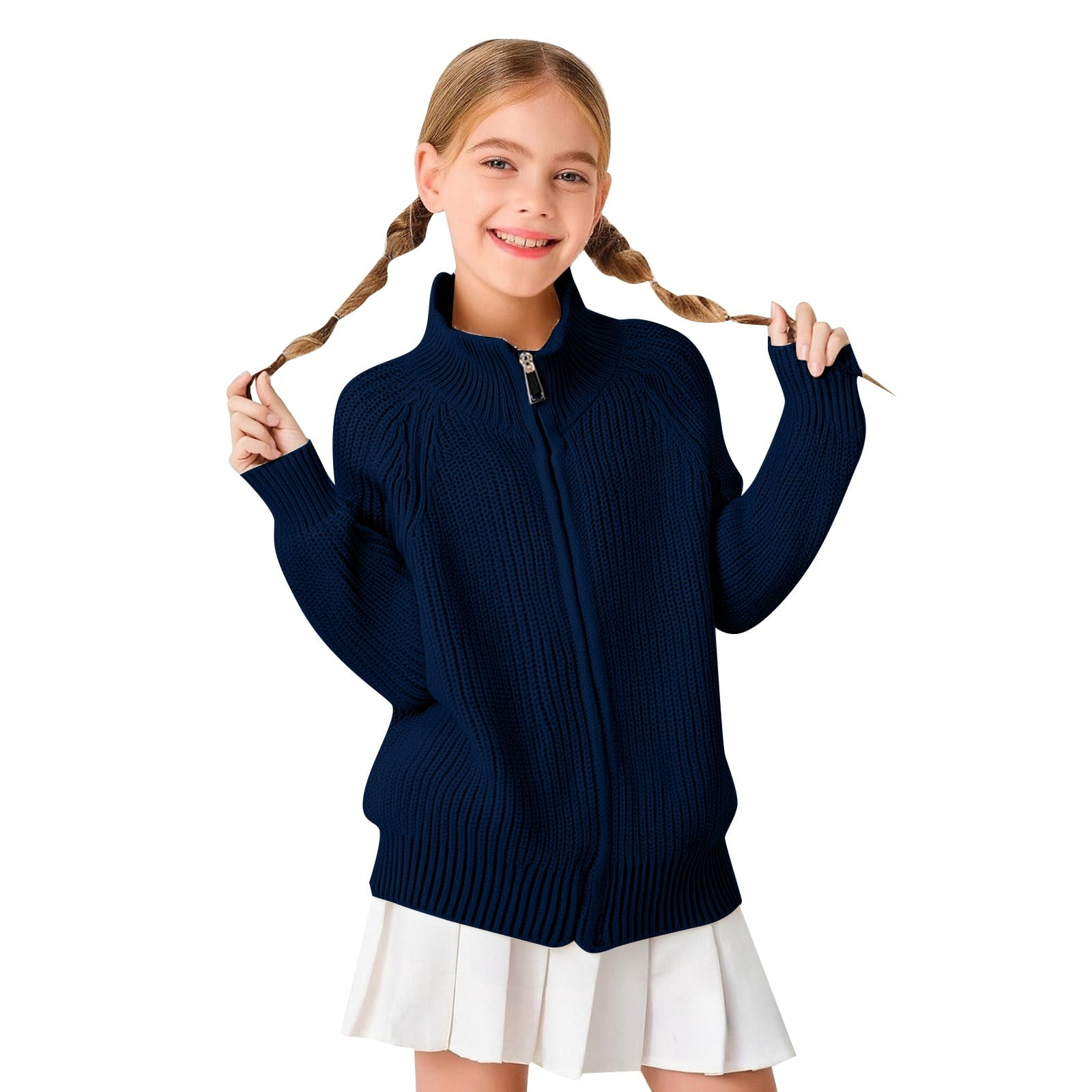 Bobifish Big Girls Beige Turtleneck Zip-Up Sweater Rib Knit Pattern ...