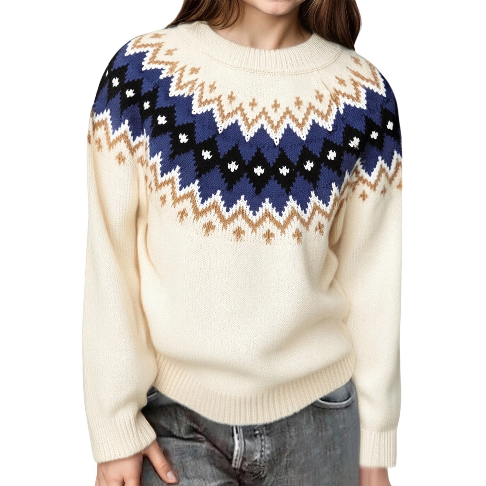 Bobifish Big Girls Cream Crew Neck Sweater Blue & Black Snowflake ...