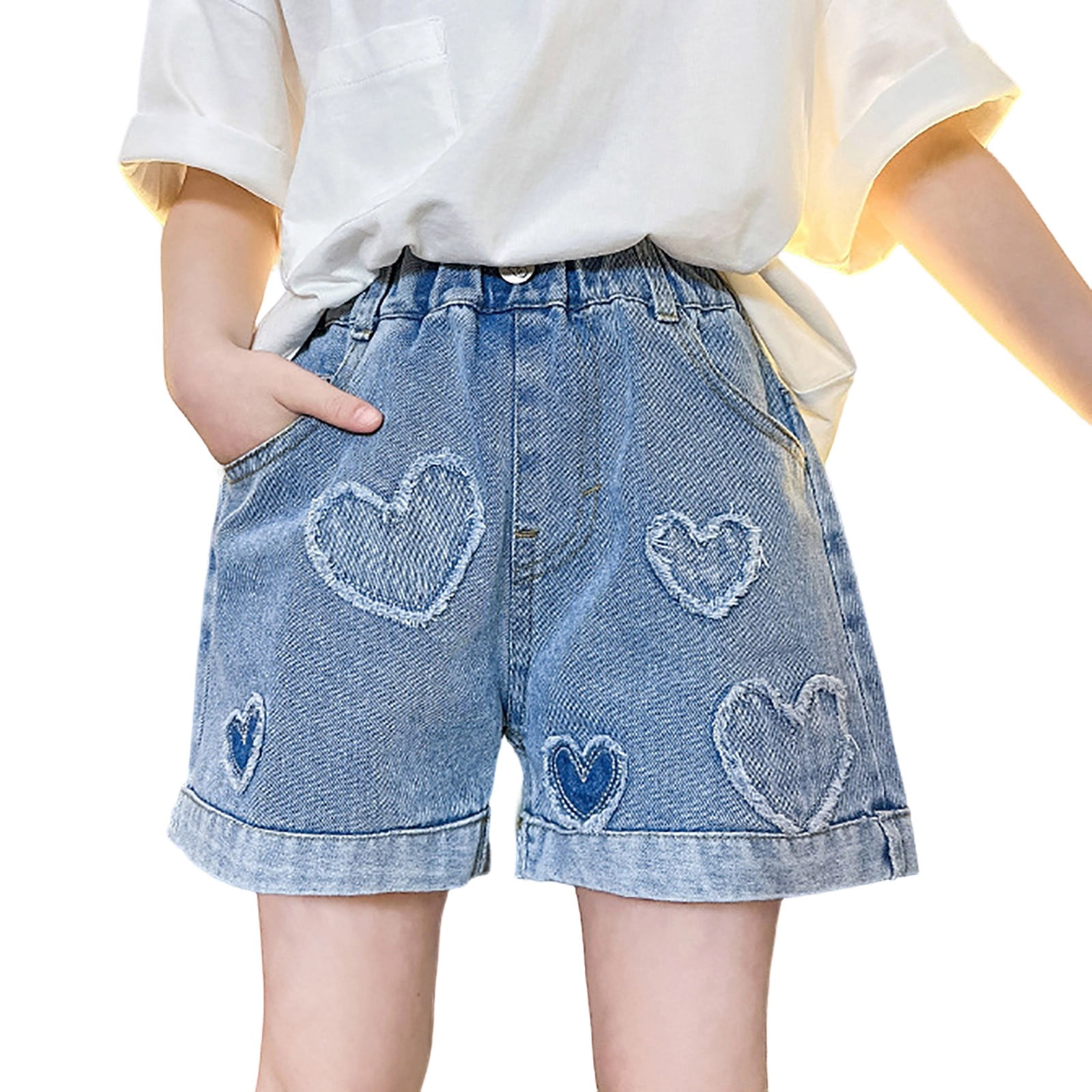 Bobifish Big Girls Demin Shorts Elastic Waist Light Denim Shorts With ...