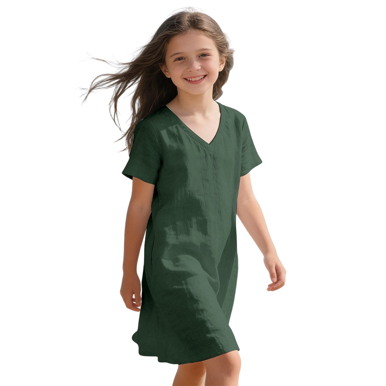 Bobifish Big Girls Dresses V Neck Short Sleeve Solid Color Lightweight ...