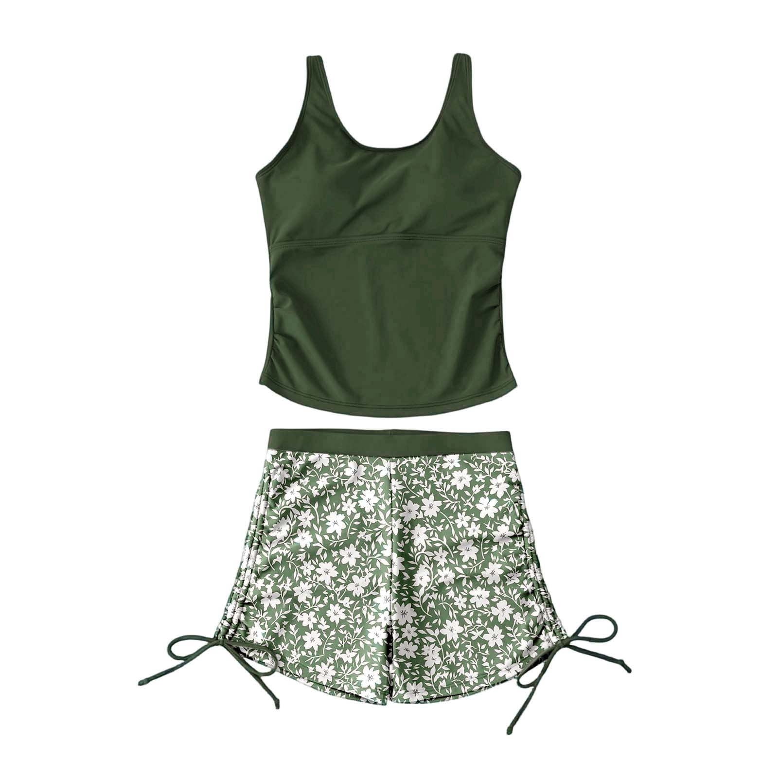 Bobifish Big Girls Tankini Swimsuit Round Neck Wide Strap Solid Olive ...