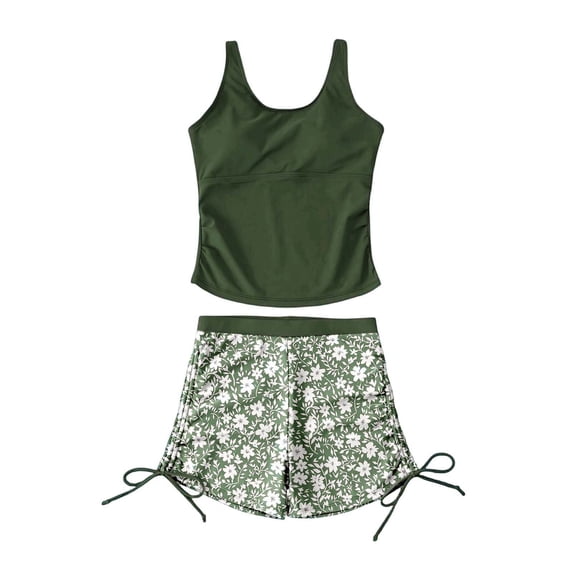 Bobifish Big Girls Tankini Swimsuit Round Neck Wide Strap Solid Olive ...