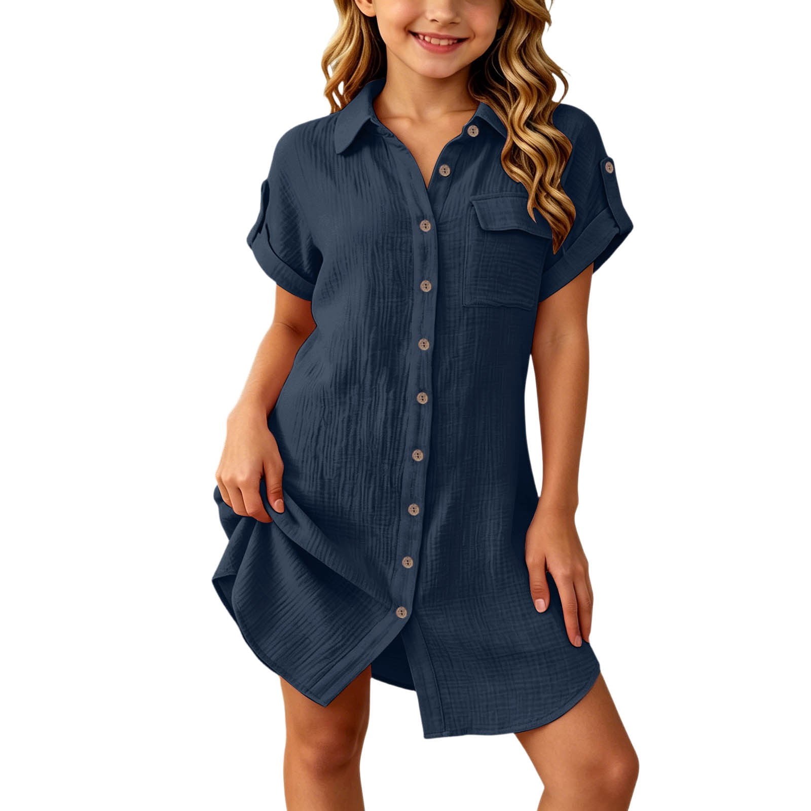 Bobifish Girls Dresses Shirt Collar Short Sleeve Rolled Cuff Button ...