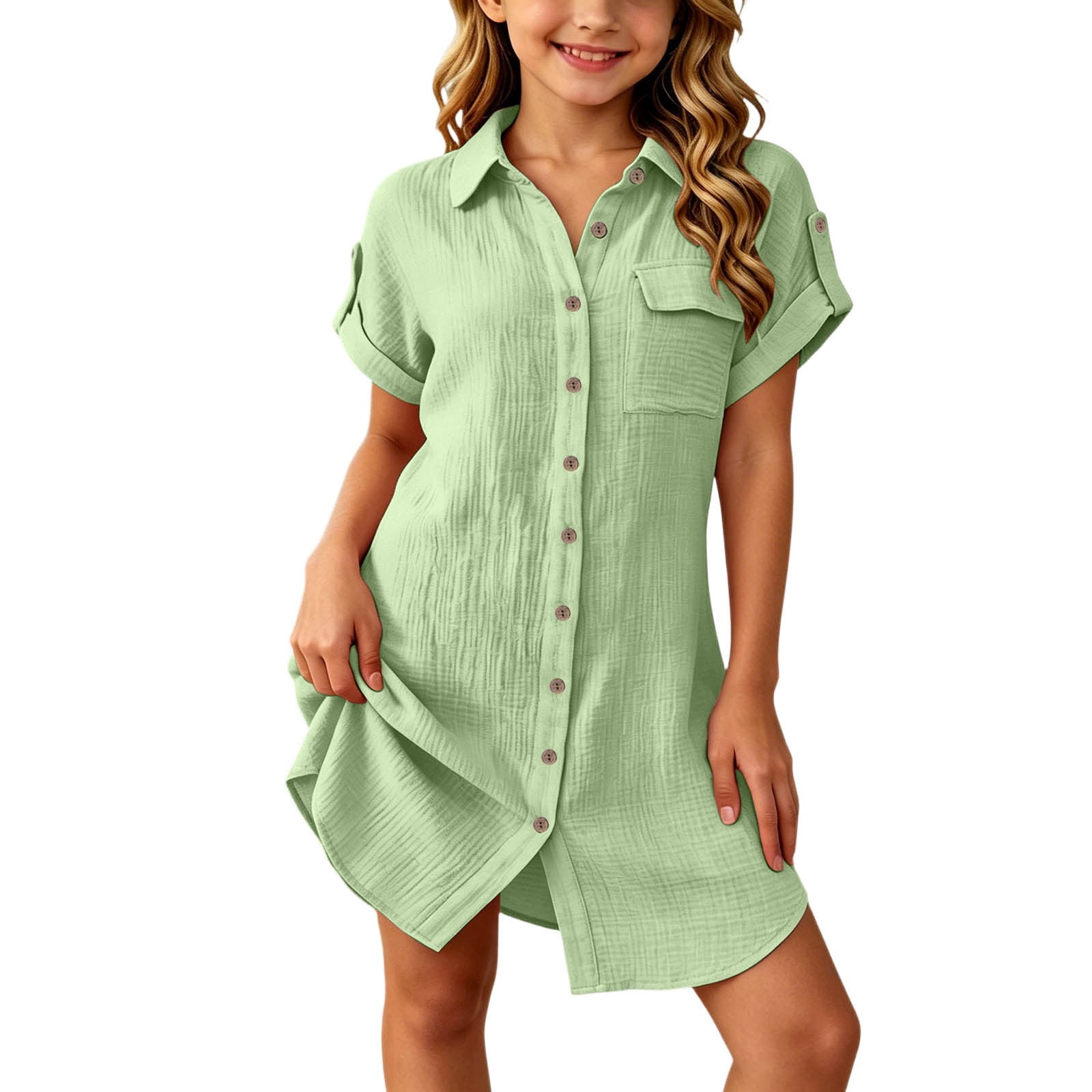 Bobifish Girls Dresses Shirt Collar Short Sleeve Rolled Cuff Button ...