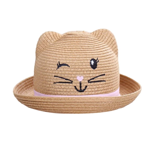 Bobifish Girls Hat Cat Face Embroidered Ribbon Straw Hat With Cat Ear ...