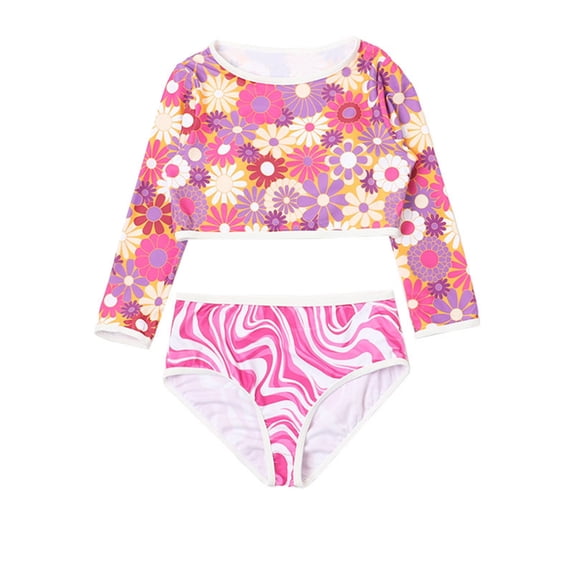 Bobifish Girls Rash Guard Swimsuit Round Neck Long Sleeve Floral Print ...