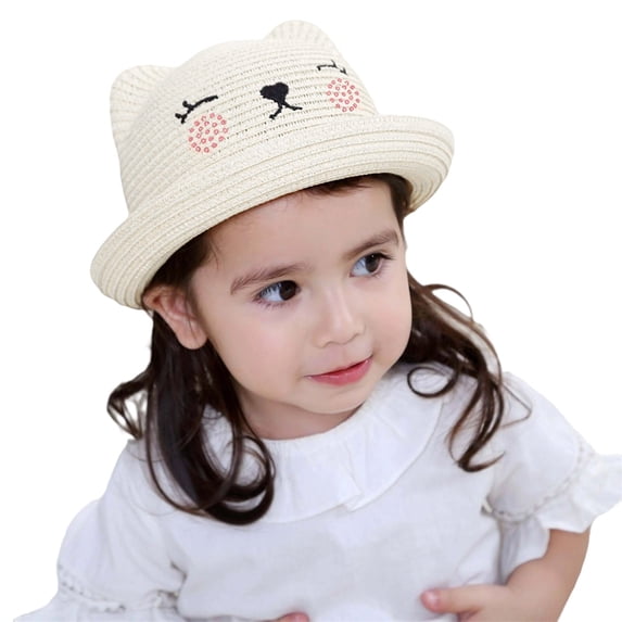 Bobifish Girls Straw Sun Hat Bear Ears Summer Breathable Cap With ...