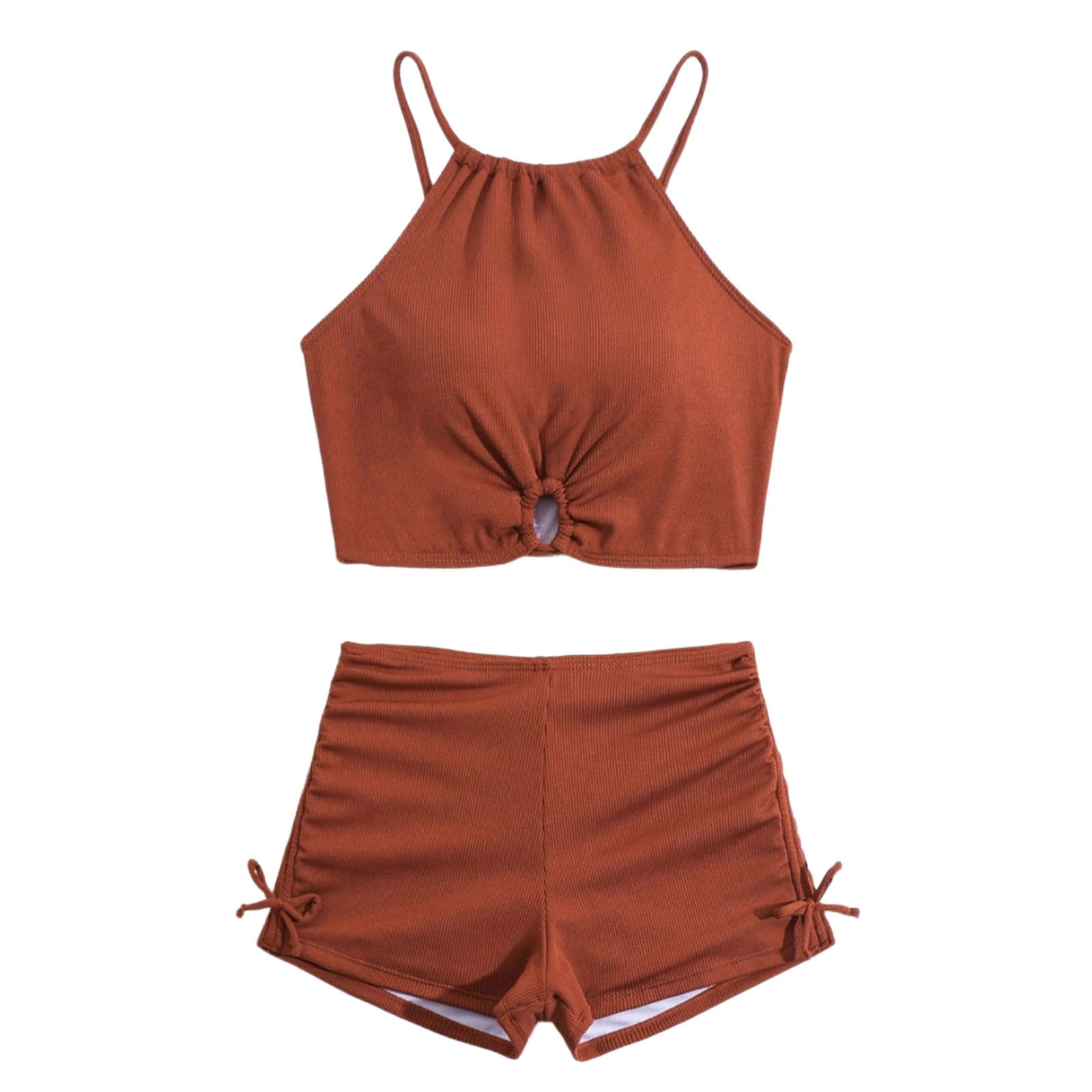 Bobifish Girls Swimsuit Halter Neck Cropped Top Keyhole Front Ruched ...