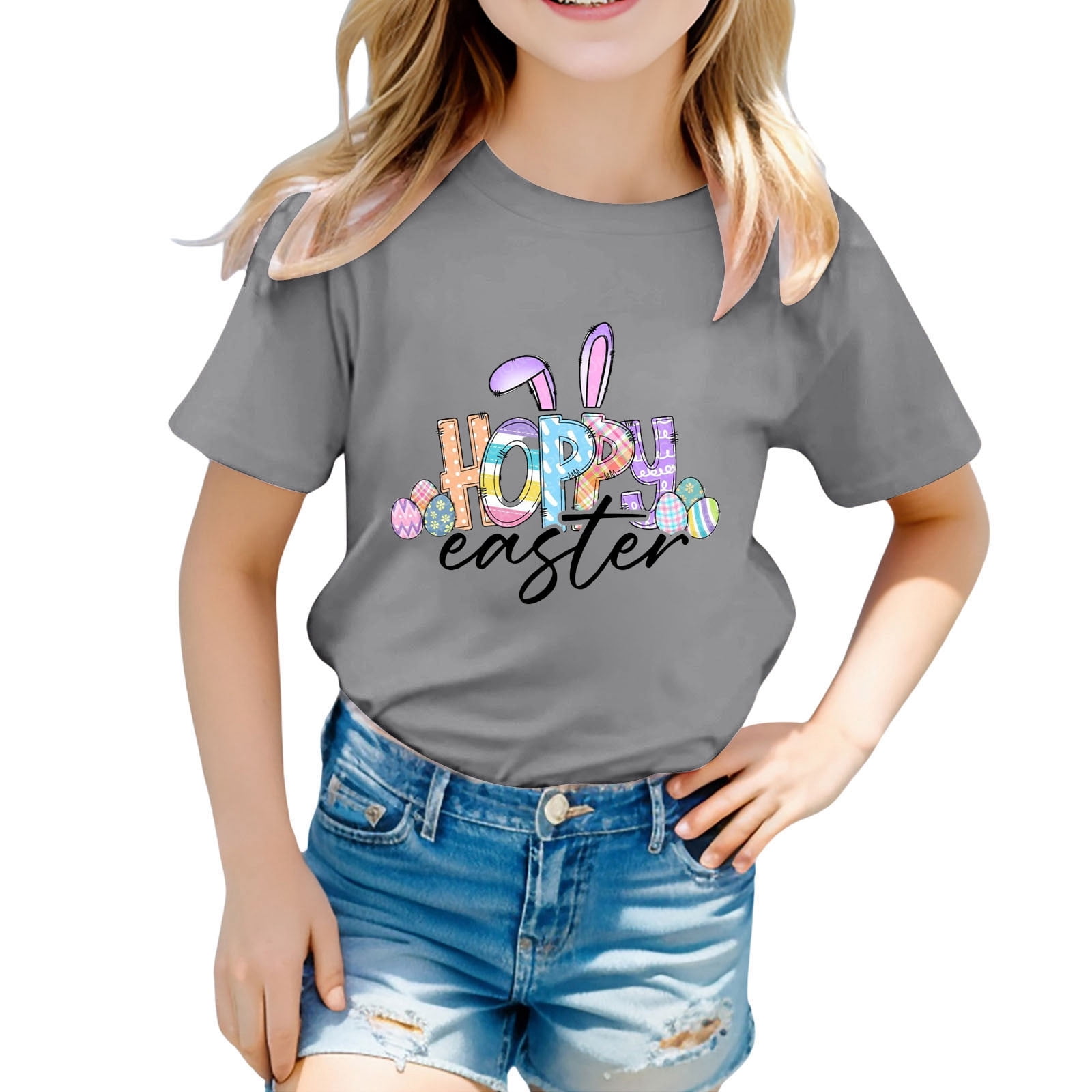 Bobifish Girls T-Shirts Cute Easter Letter Print Crew Neck Tees Short ...
