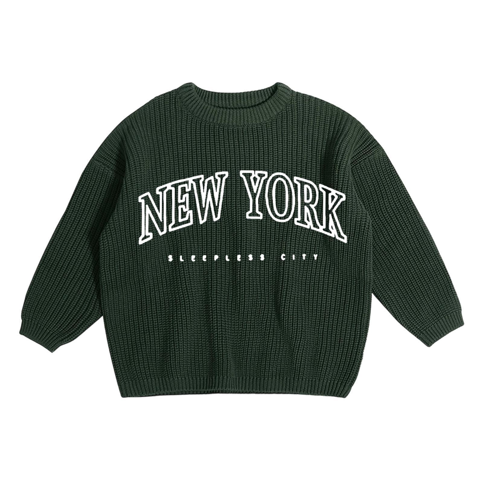 Bobifish Little Girls Dark Green Ribbed Sweater “NEW YORK Letter Print ...