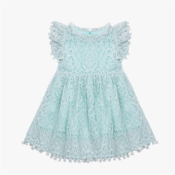 Bobifish Toddler Girls Dresses Crew Neck Ruffle Cap Sleeve Lace Pom Pom ...