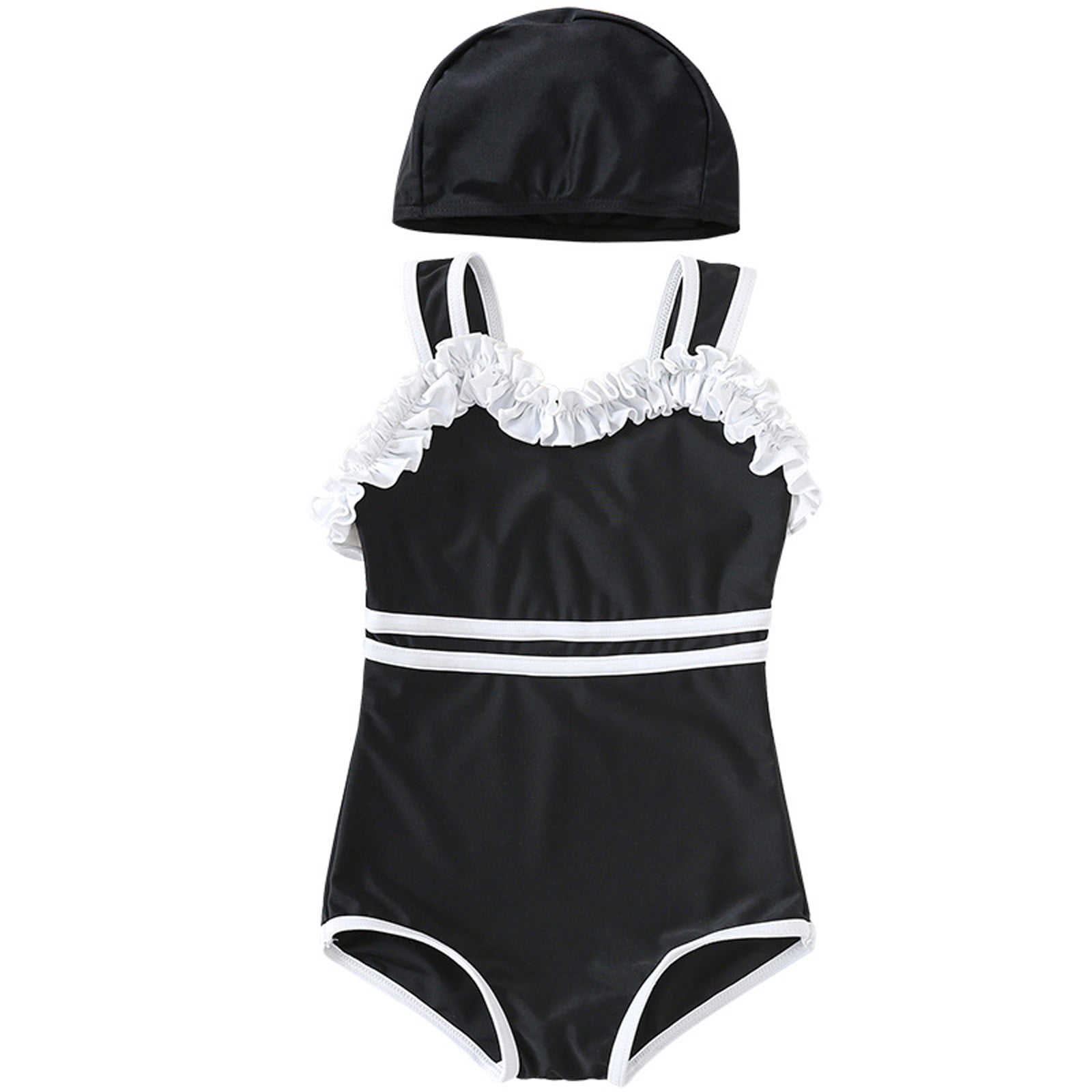 Bobifish Toddler Girls One Piece Swimsuit Set Ruffle Trim Double Strap ...