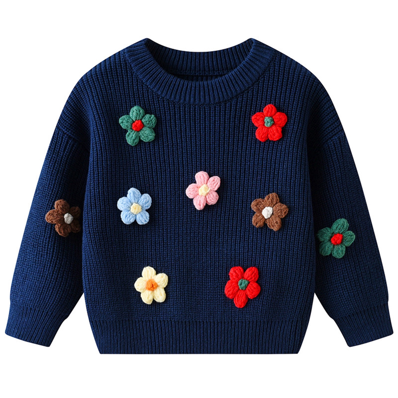 Bobifish Toddler Light Blue Crew Neck Sweater Multi-Color Flower ...