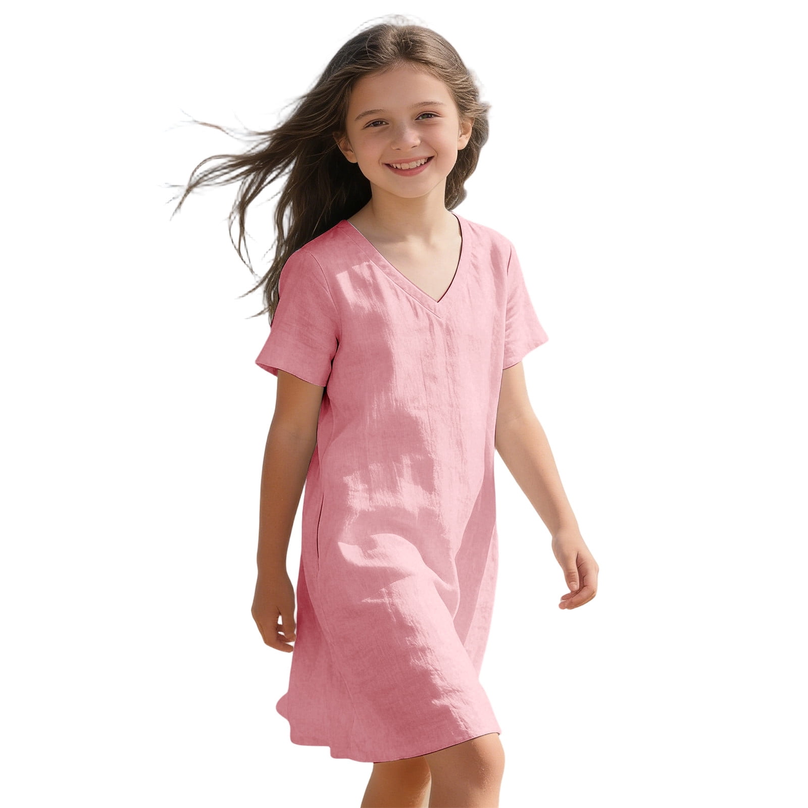 Bobifish Tween Girls Dresses V Neck Short Sleeve Solid Color ...