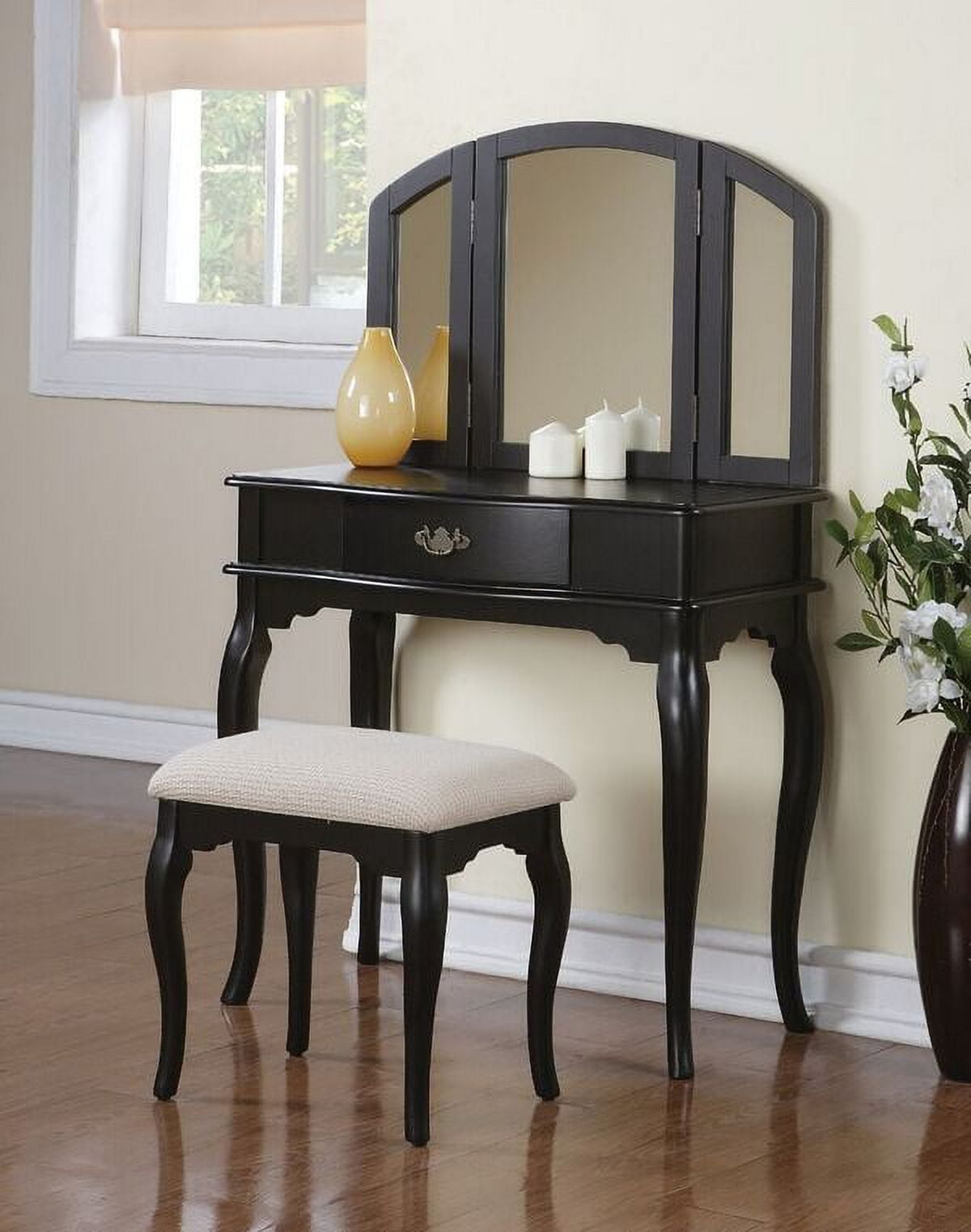 Bobkona Jaden 3 fold Mirror Vanity Table with Stool Set in Black ...