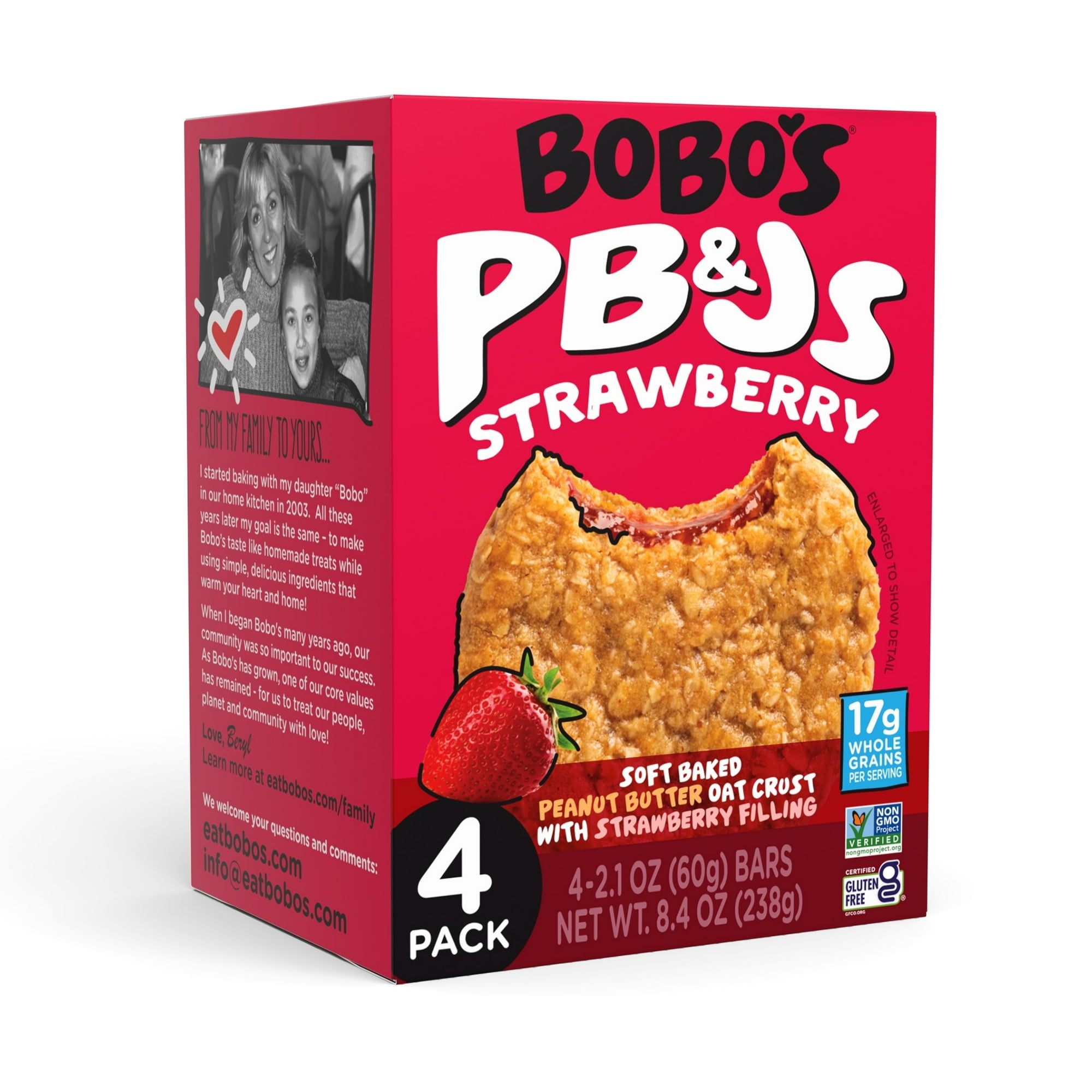 Bobo's PB&Js, Peanut Butter Oat Crust With Strawberry Filling, 4 Pack of 2.1oz oat snacks pack ...
