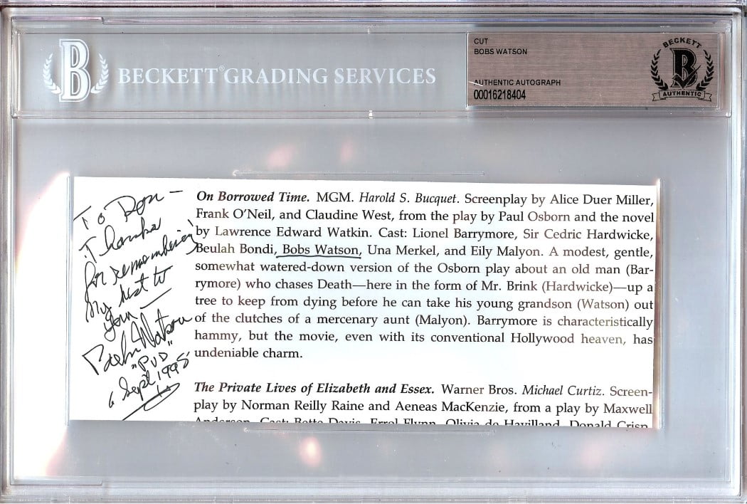 Bobs Watson Signed Autograph Cut Signature On Borrowed Time BAS Encased ...