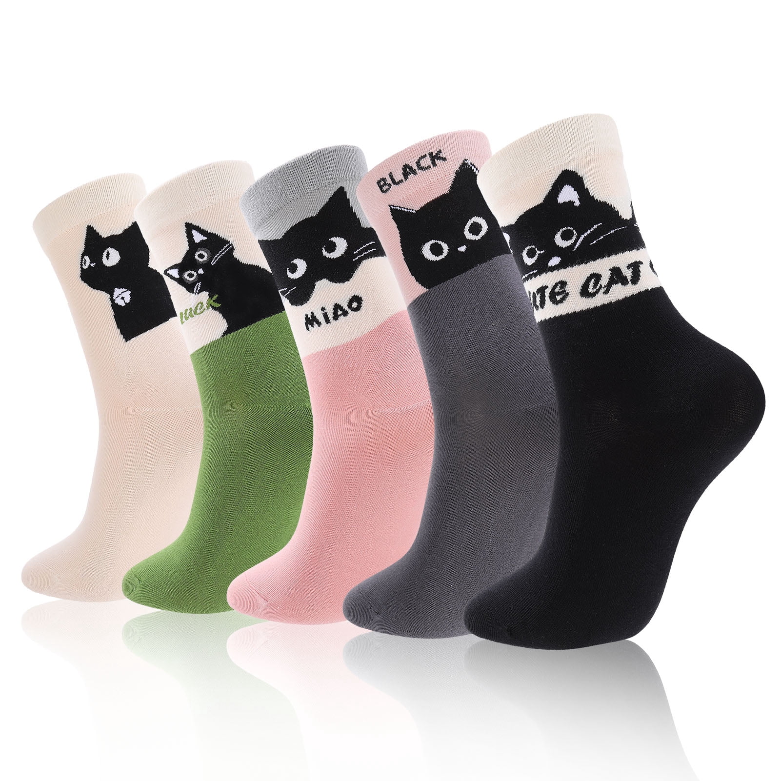 Bocaoying 5 Pairs Women's Crew Cat Socks, Seamless Toe Cat Design ...