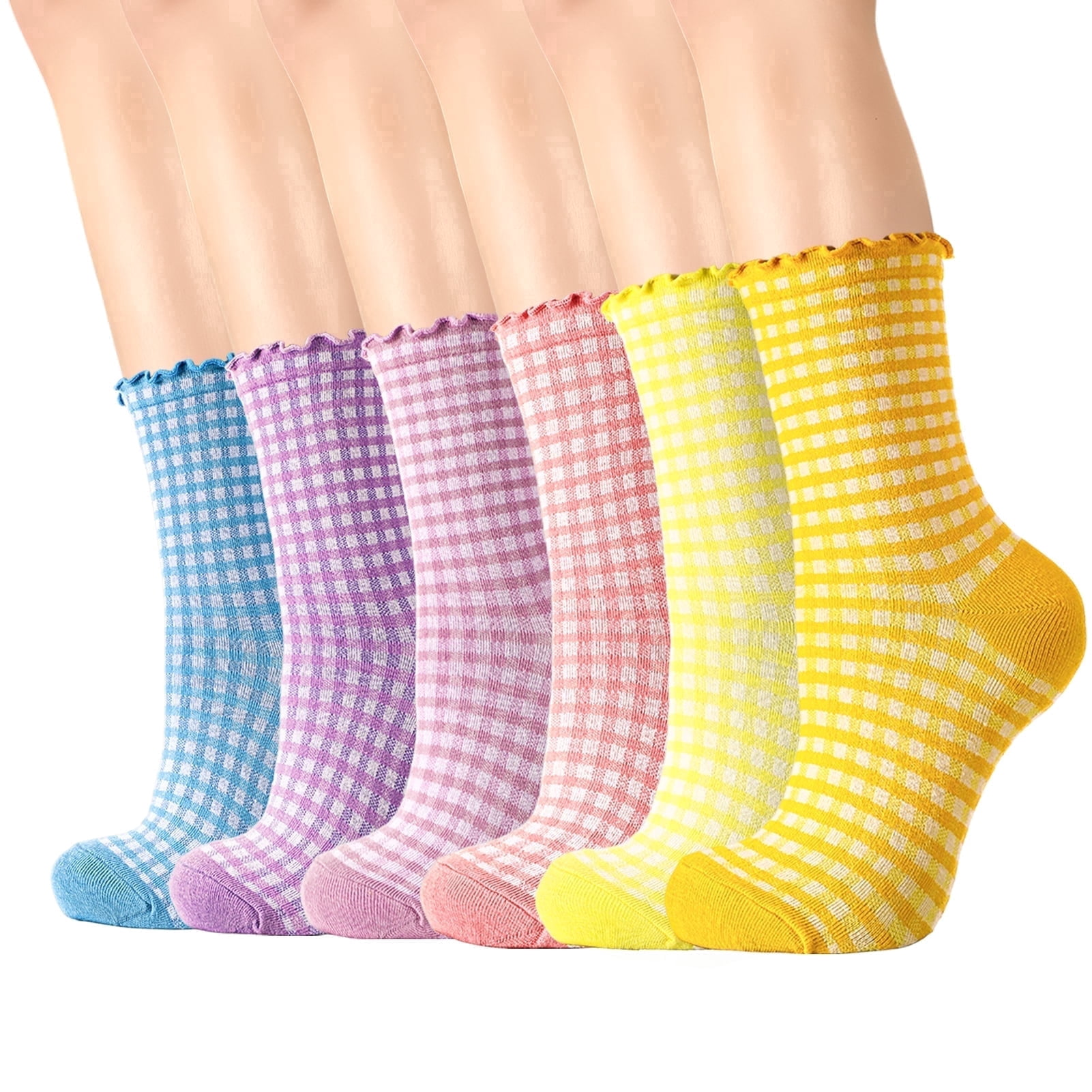 Bocaoying 6 Pack Women's Ruffle Crew Socks, Striped Frilly Ankle ...